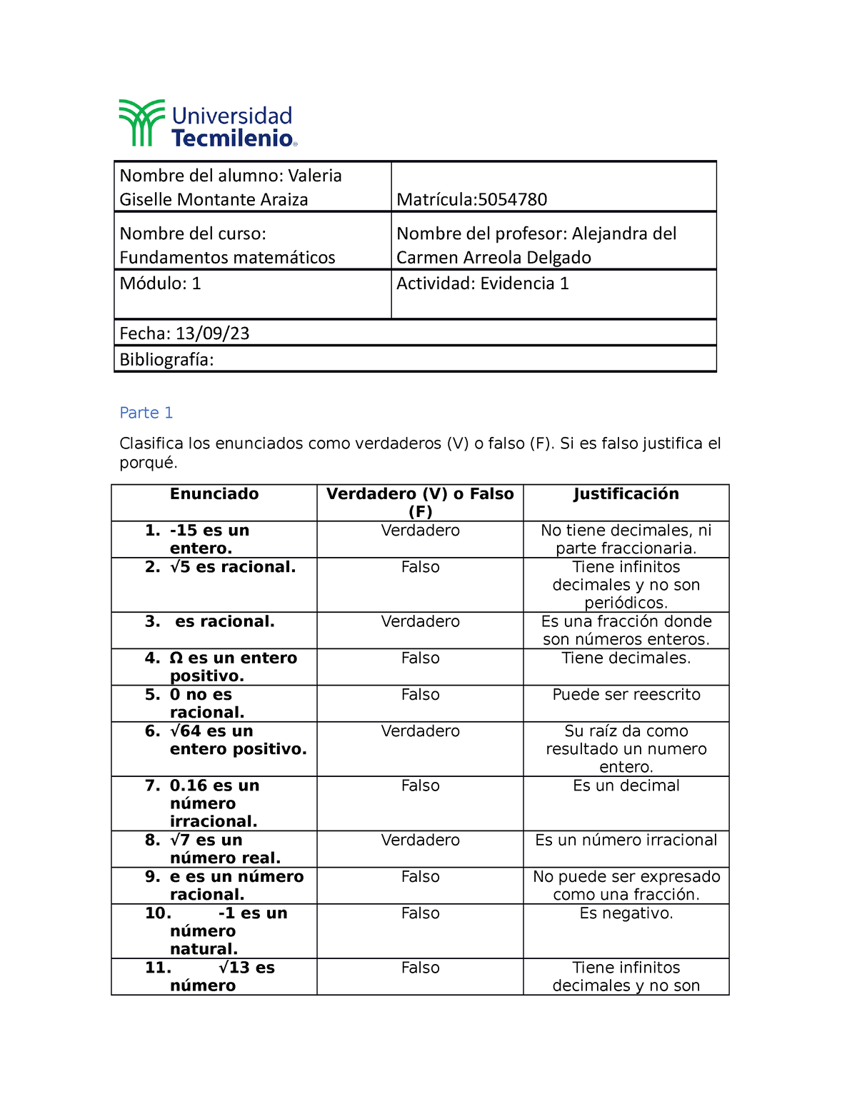 Evidencia 1 Fundamentos Matematcios Nombre Del Alumno Valeria