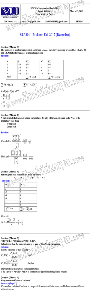 Sta301 Mid Term Solved Mcqs With References Sta301 Statistics And