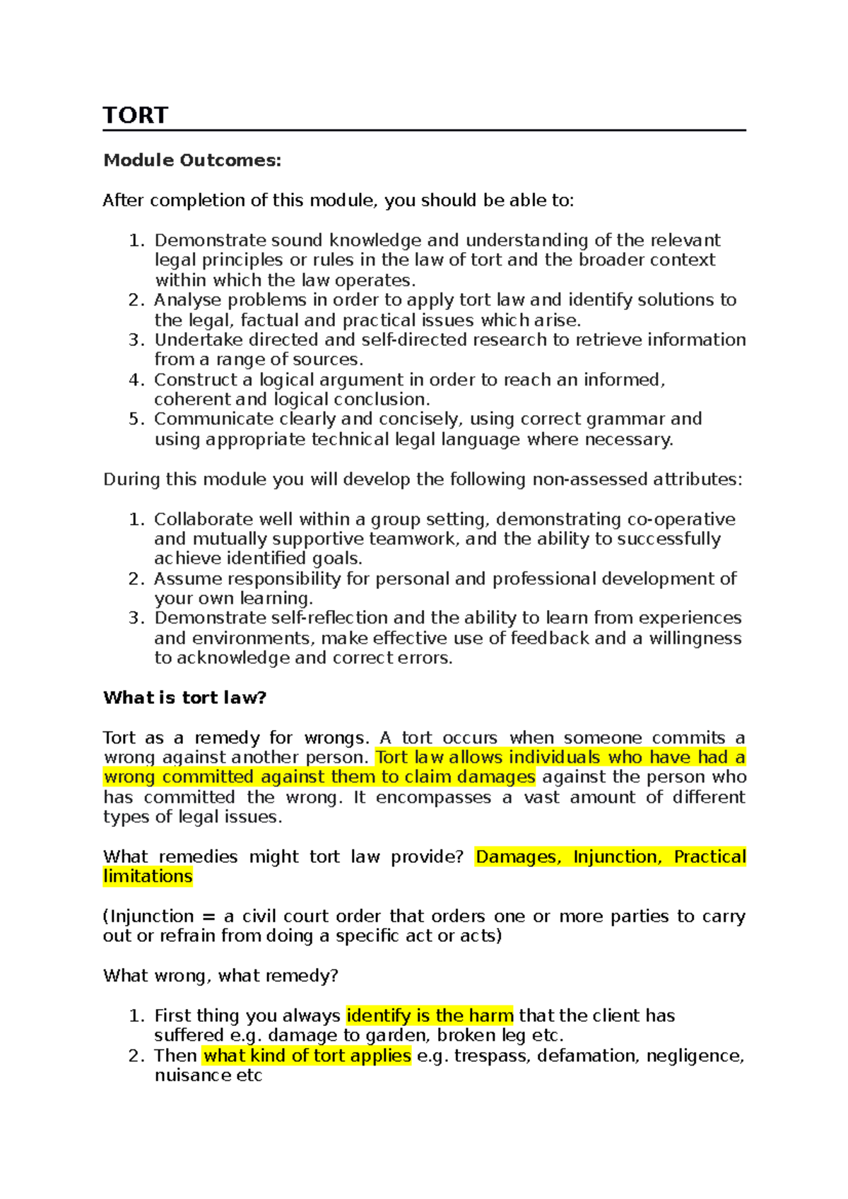 Tort Tort Lecture Notes 1 Tort Module Outcomes After Completion Of