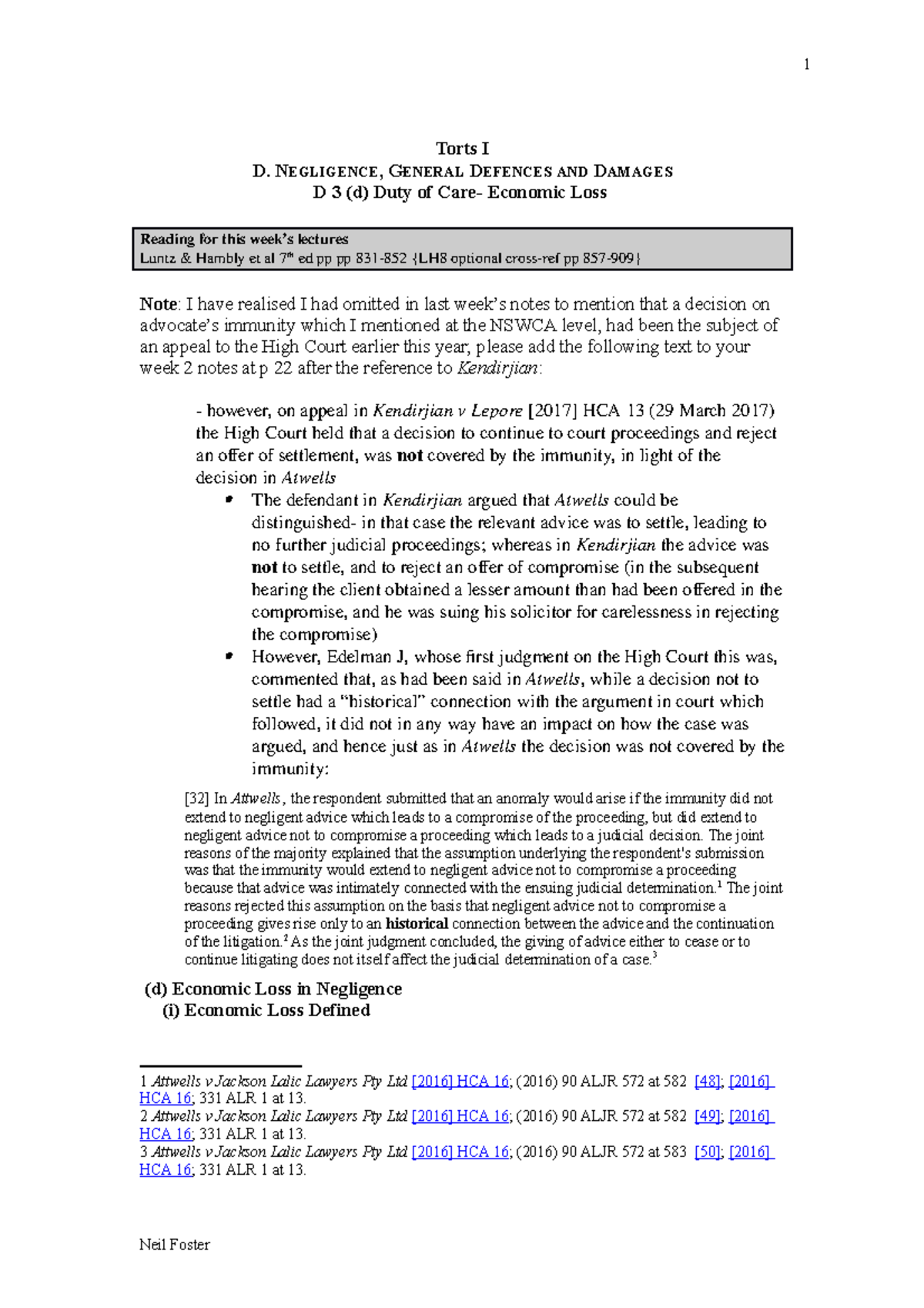 3 Negligence Duty Of Care And Economic Loss Torts I D Negligence