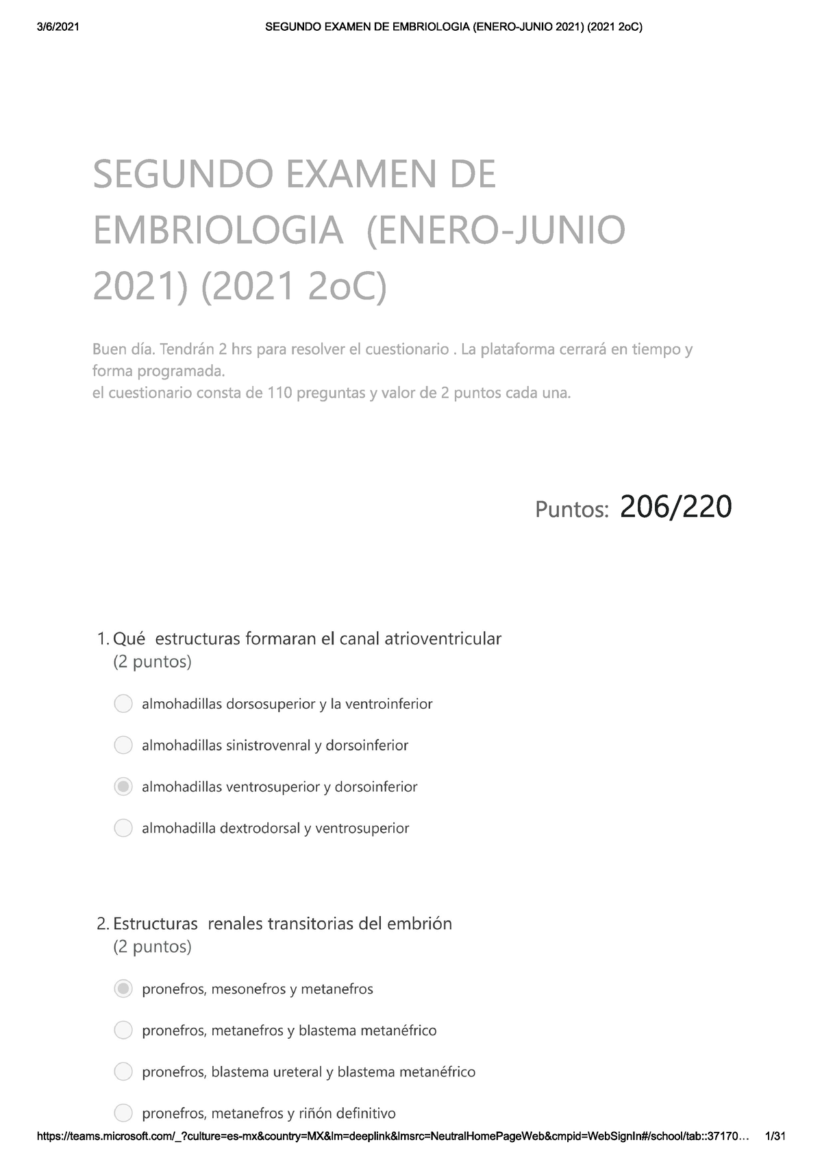 Examen De Embriología Segundo Parcial Studocu