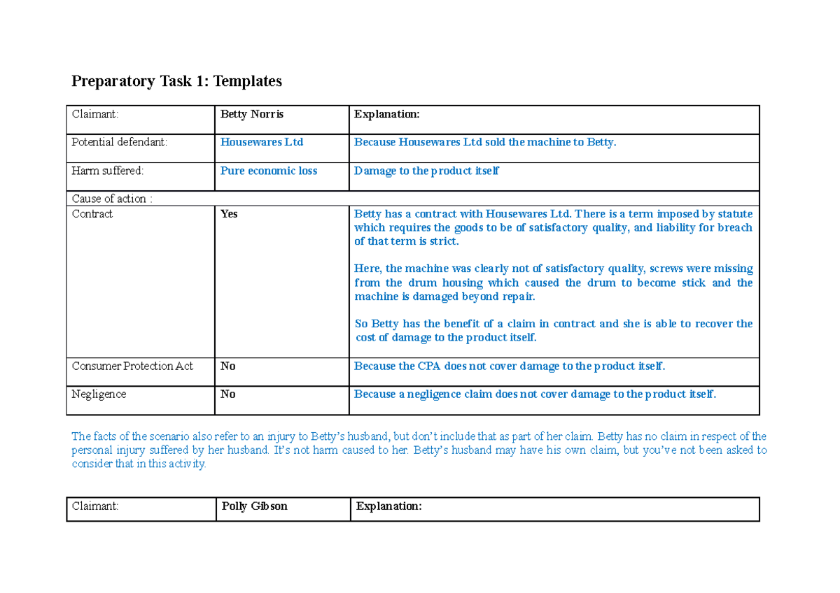 Tort Ws7 Prep Task 1 Tort Law Workshop Preparatory Task 1