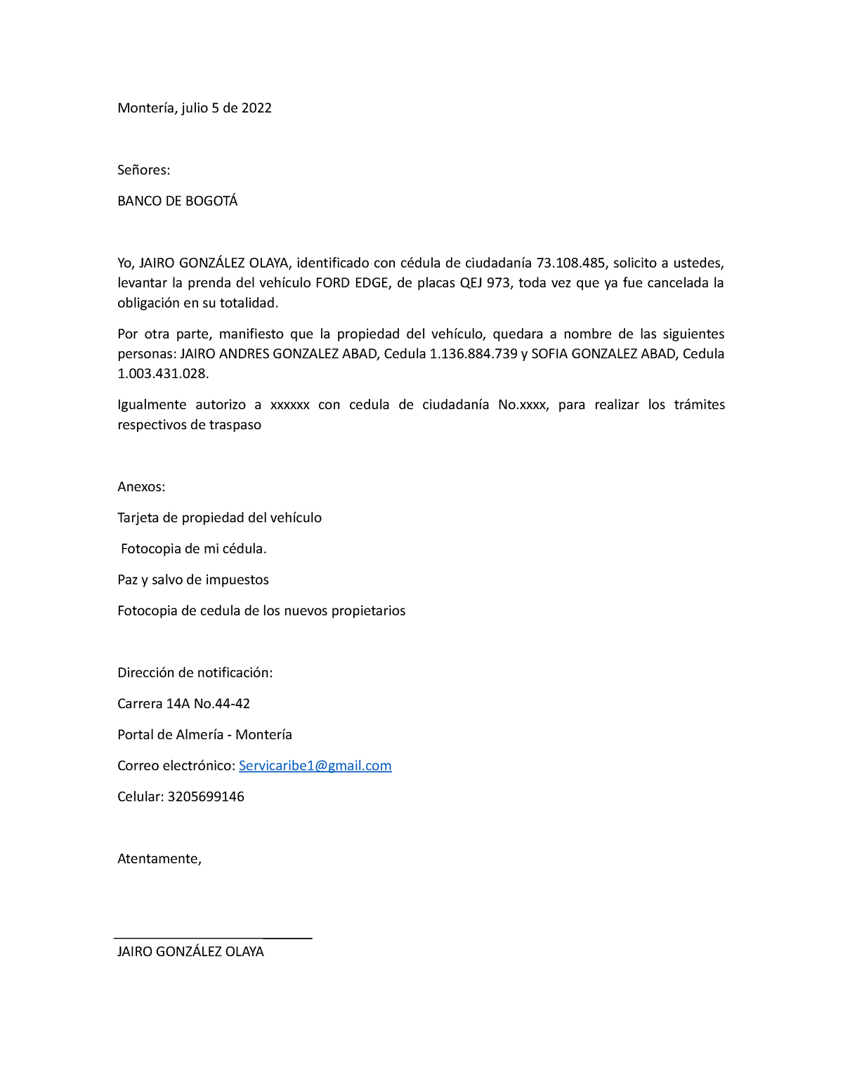 Carta Banco De Bogota Iii Montería Julio 5 De 2022 Señores Banco De