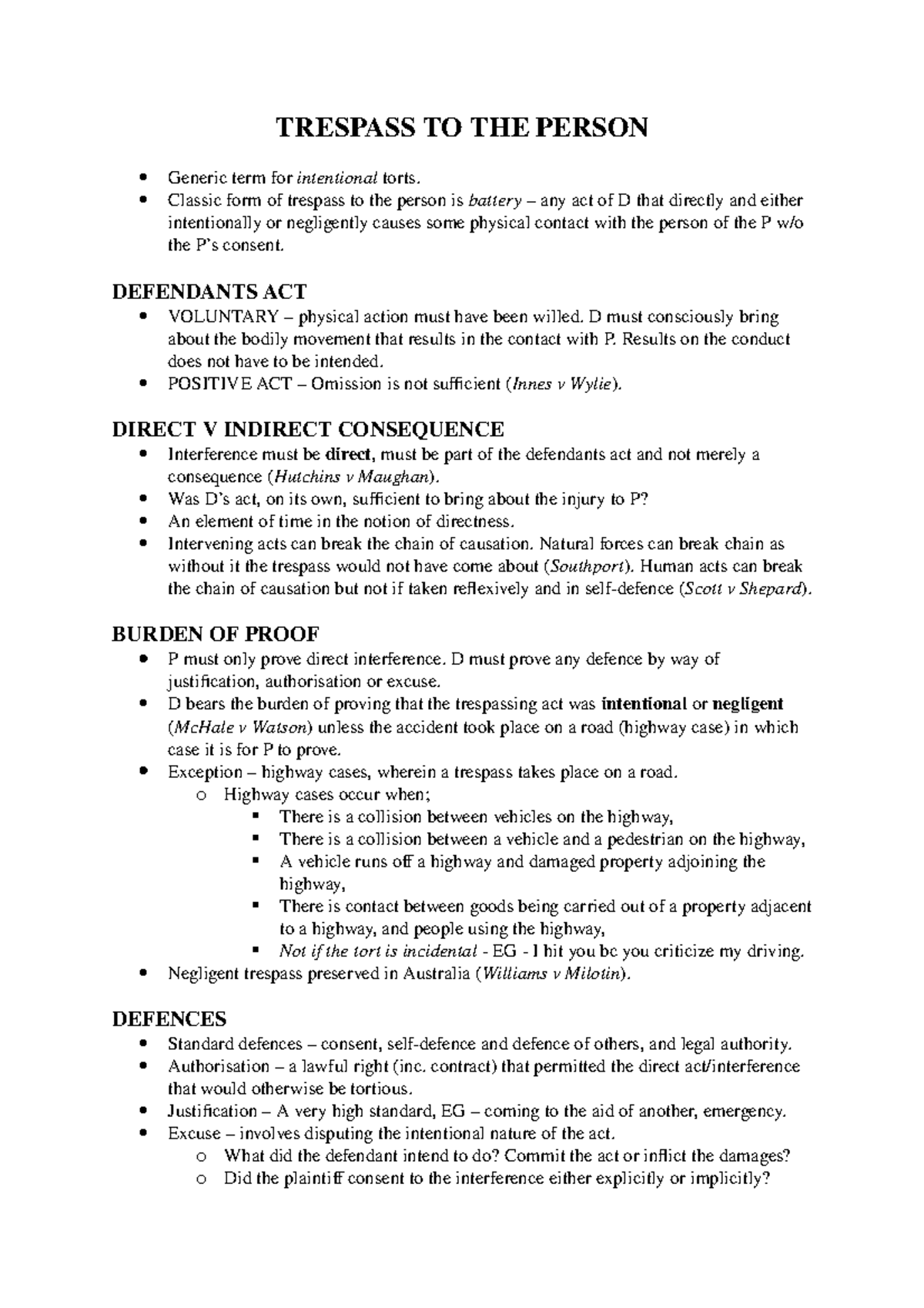 Torts Exam Notes Eric Wilson Ce Trespass To The Person Generic