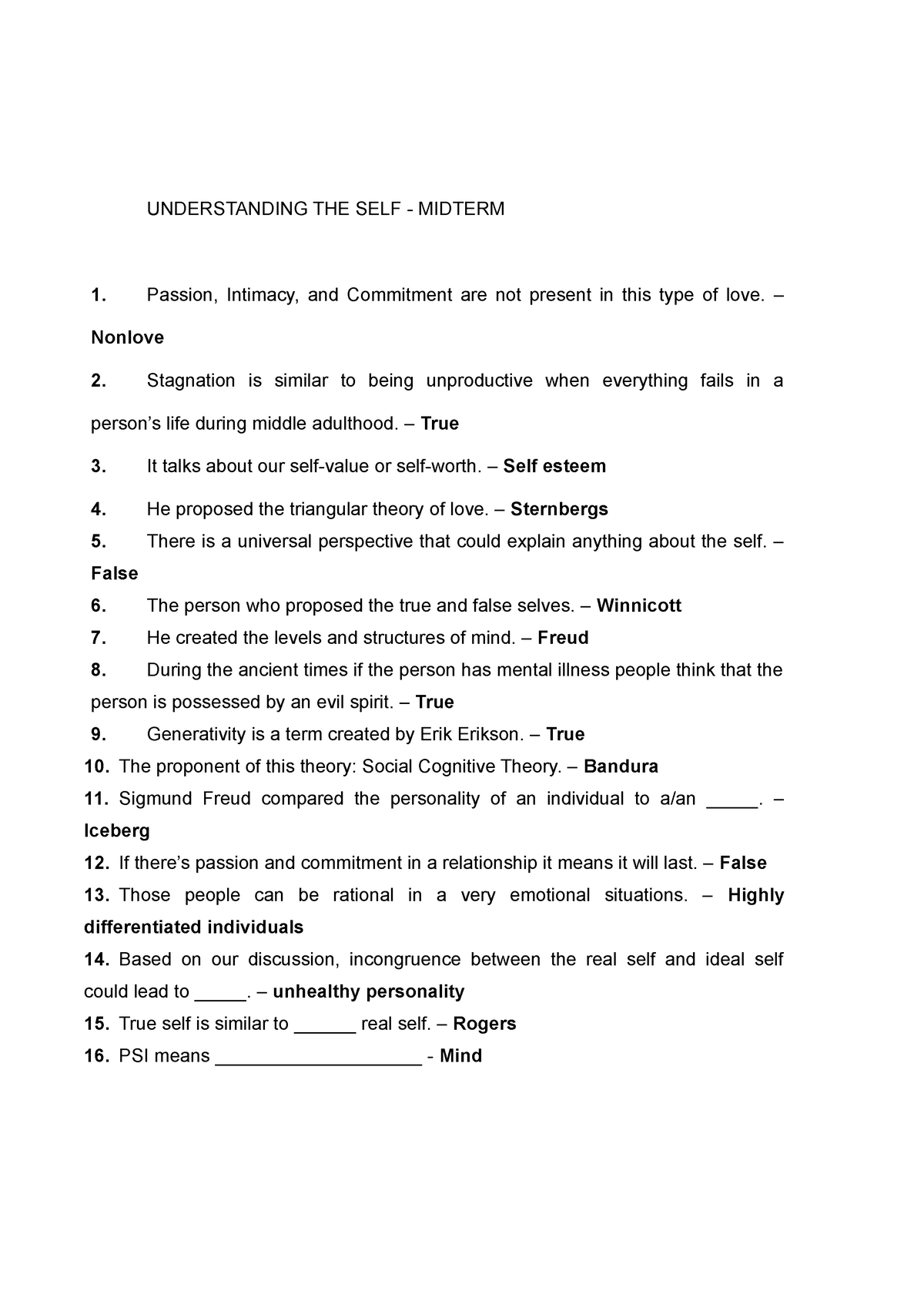 Understanding The Self Midterm Quiz Understanding The Self Midterm