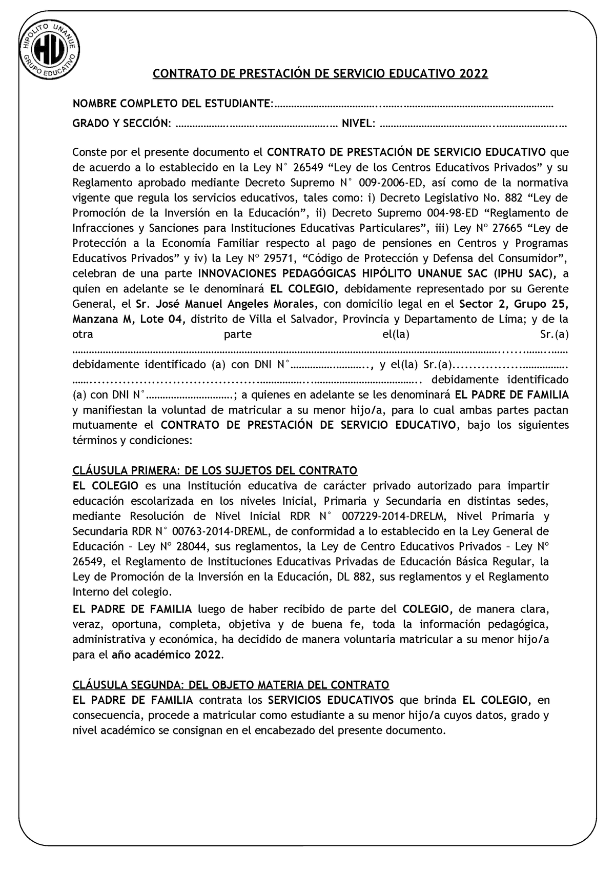 Contrato De Prestación De Servicio Educativo 2022 Sur Contrato De