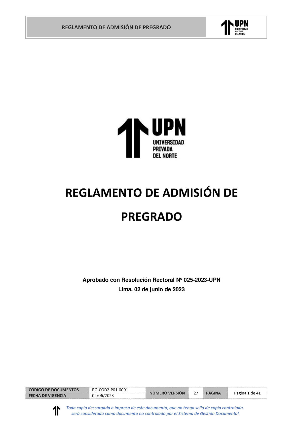 Reglamento De Admision De Pregrado CÓdigo De Documentos Rg Cod2 P01