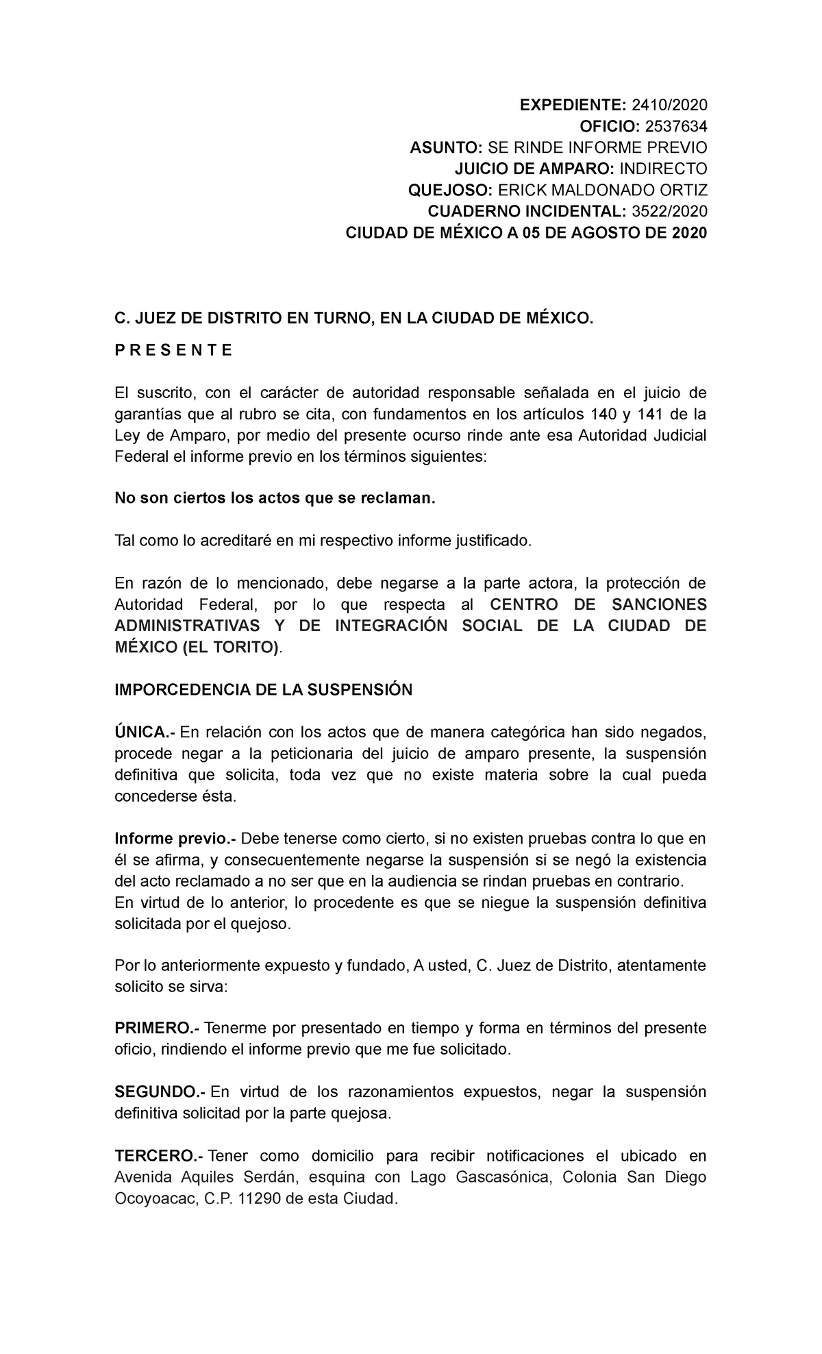 Informe Previo Y Justificado Expediente 2410 Oficio 2537634 Asunto