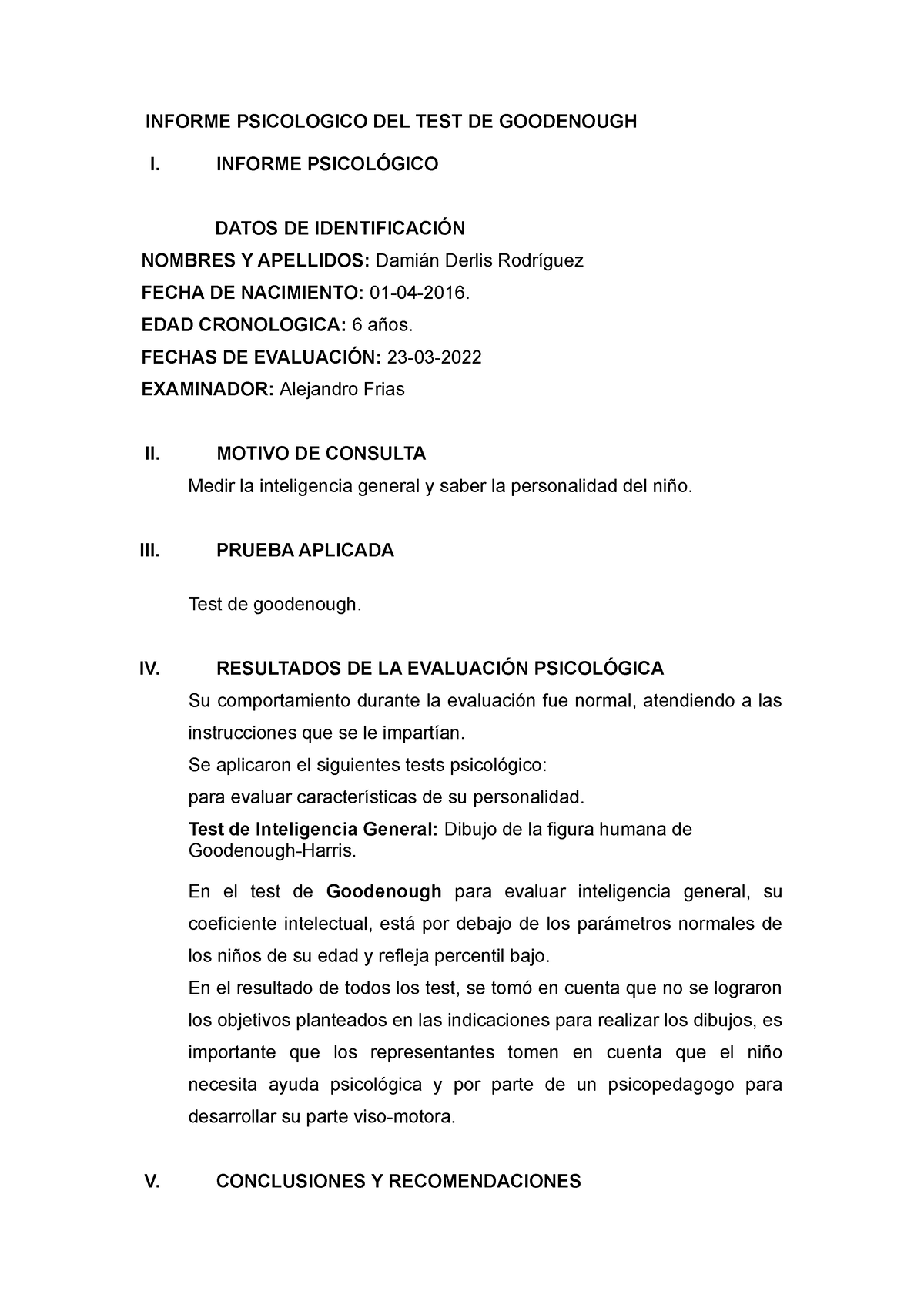 Informe Psicologico Del Test De Goodenough Damian Informe Psicologico