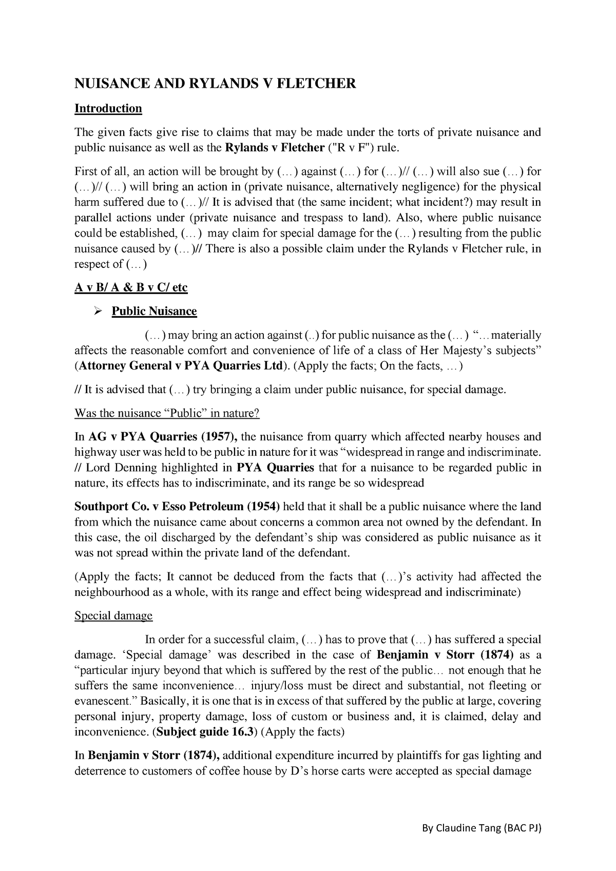 Nuisance And Rylands V Fletcher Problem Question Revision Tort Law