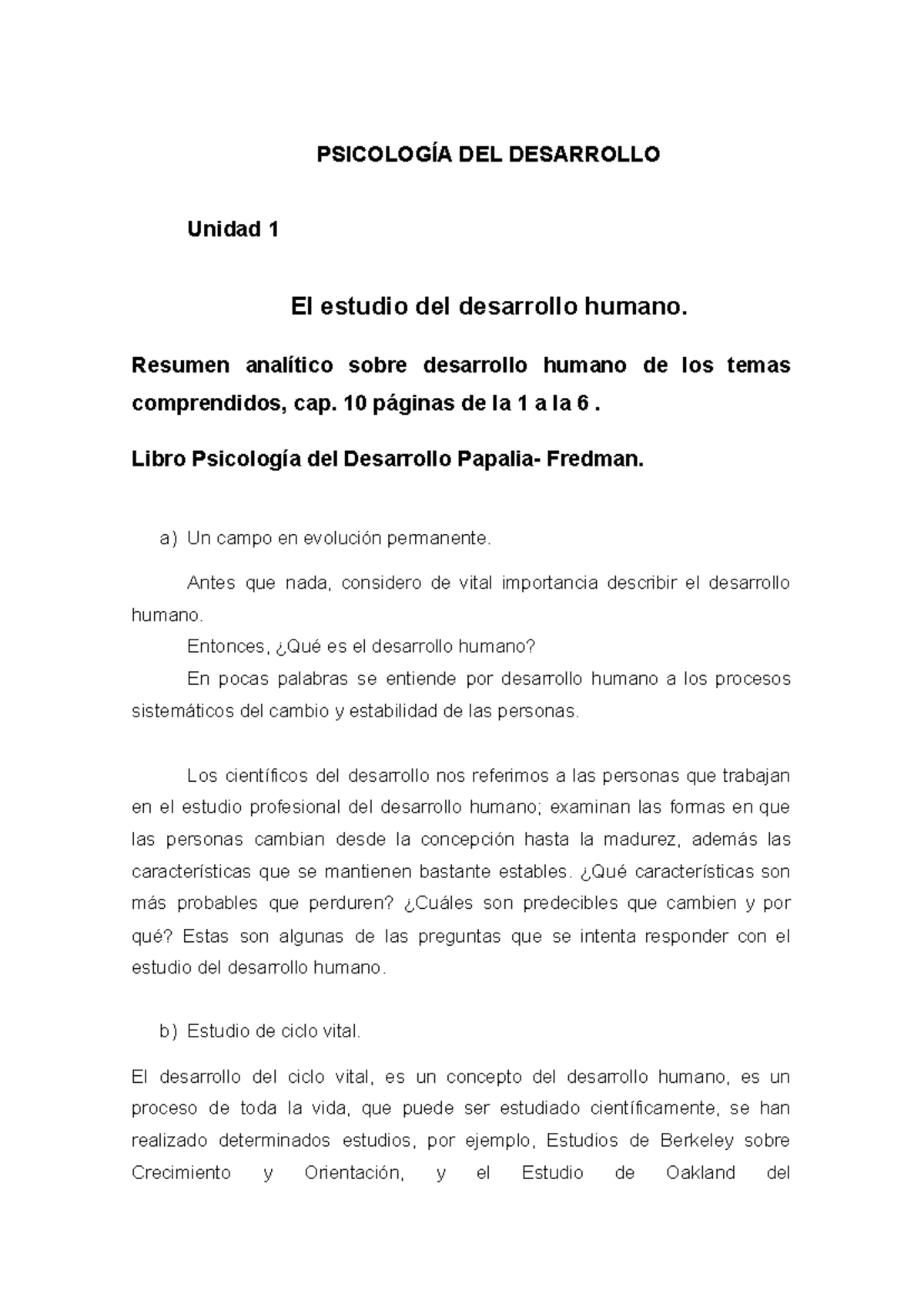 Resumen Analitico Desarrollo Humano PsicologÍa Del Desarrollo Unidad