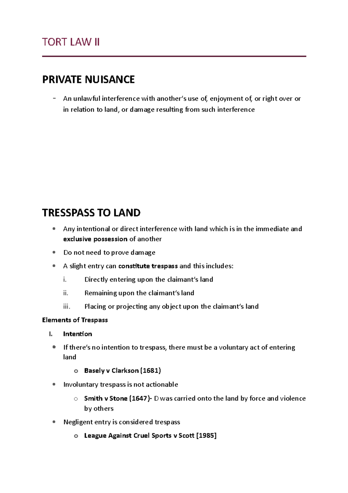 Law Of Tort Ii Lecture Notes On Trespass To Land Tort Law Ii