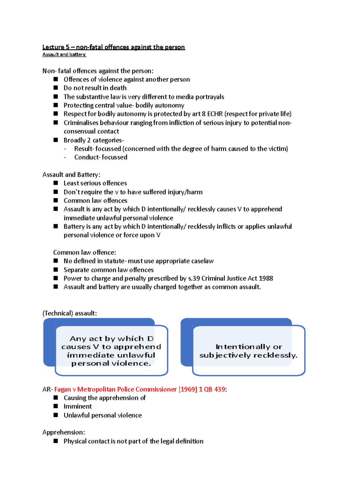 Lecture 5 Non Fatal Offences Against The Person Assault And Battery