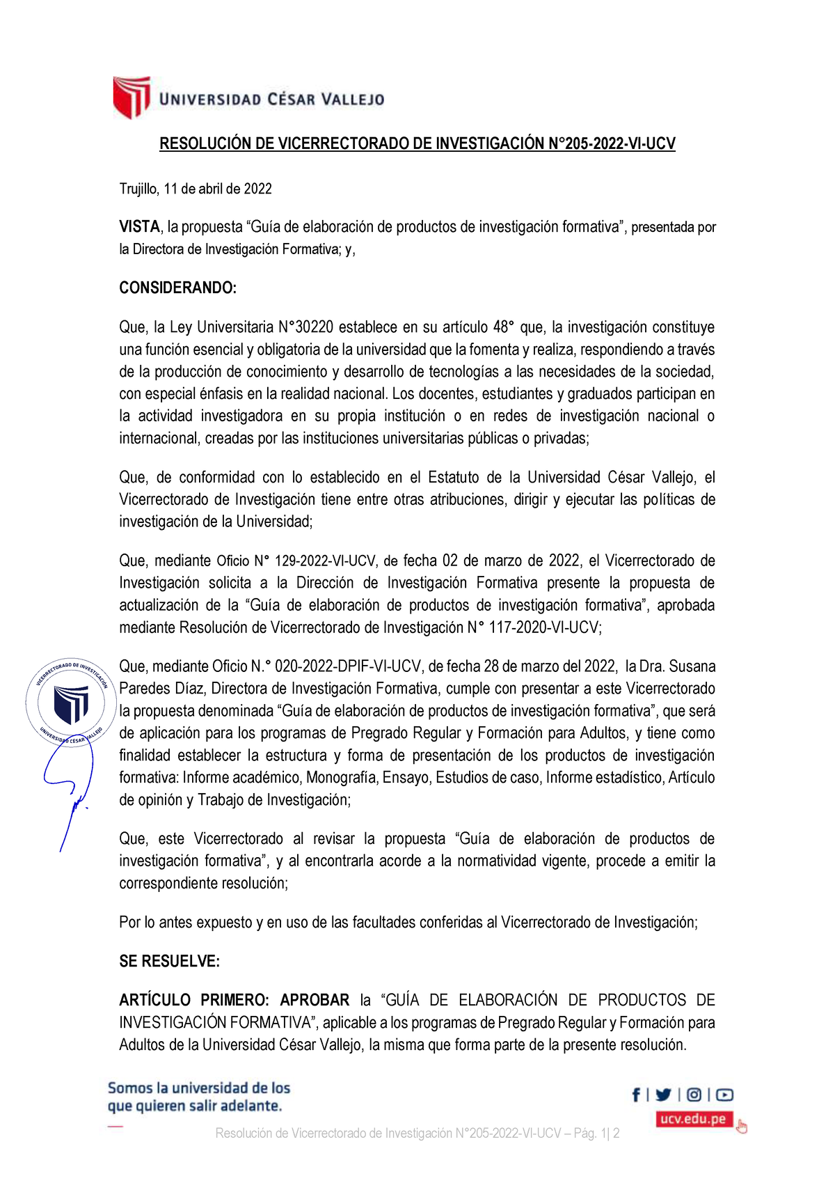 Rvi N°205 2022 Vi Ucv Aprueba GuÍa De Elaboración De Productos De