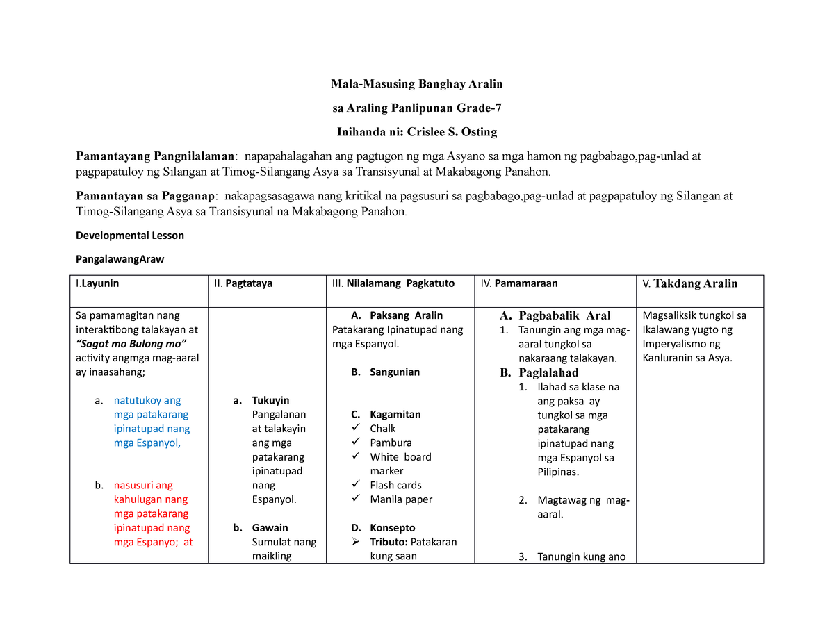 Lp2 Lesson Plan Mala Masusing Banghay Aralin Sa Araling Panlipunan