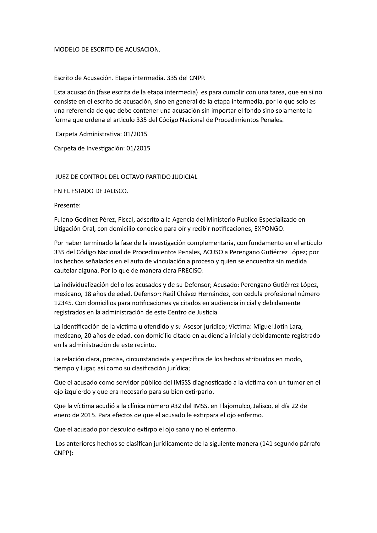 Acusación Modelo De Escrito De Acusacion Escrito De Acusación Etapa