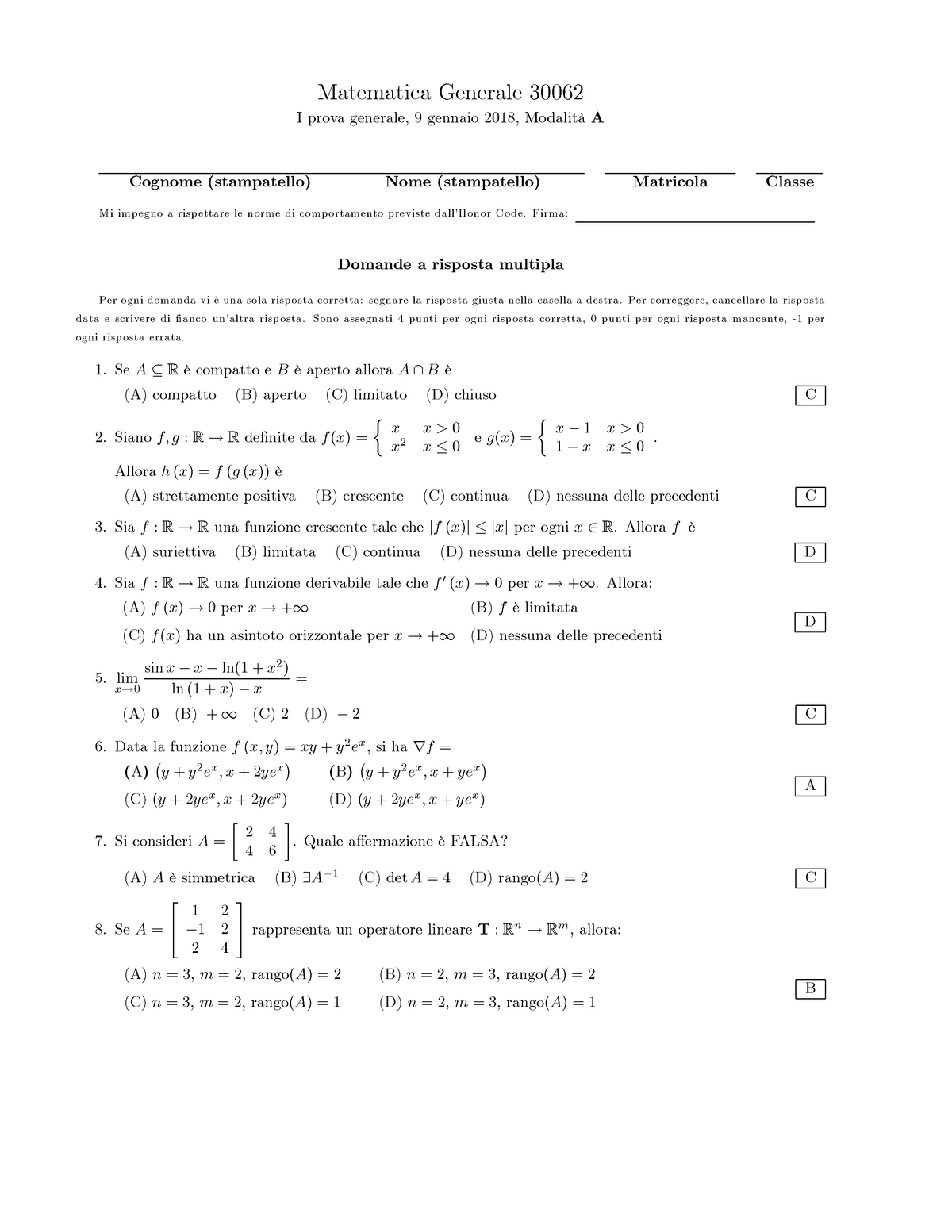 Esempioprova Desame Gennaio 2018 Domanderisposte Matematica