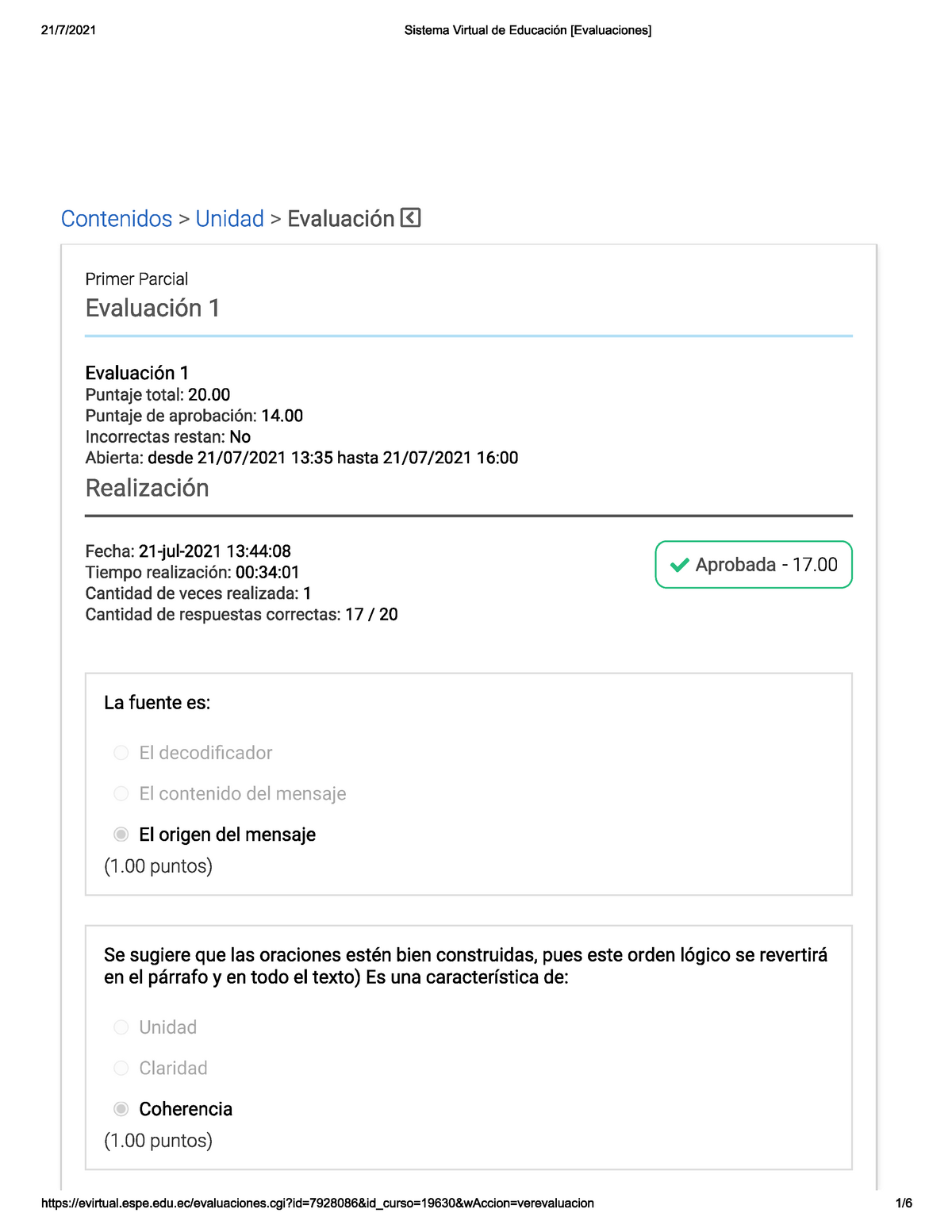 Prueba Parcial 1 Coe Autoevaluaciones Nivelación Nivelacion Espe