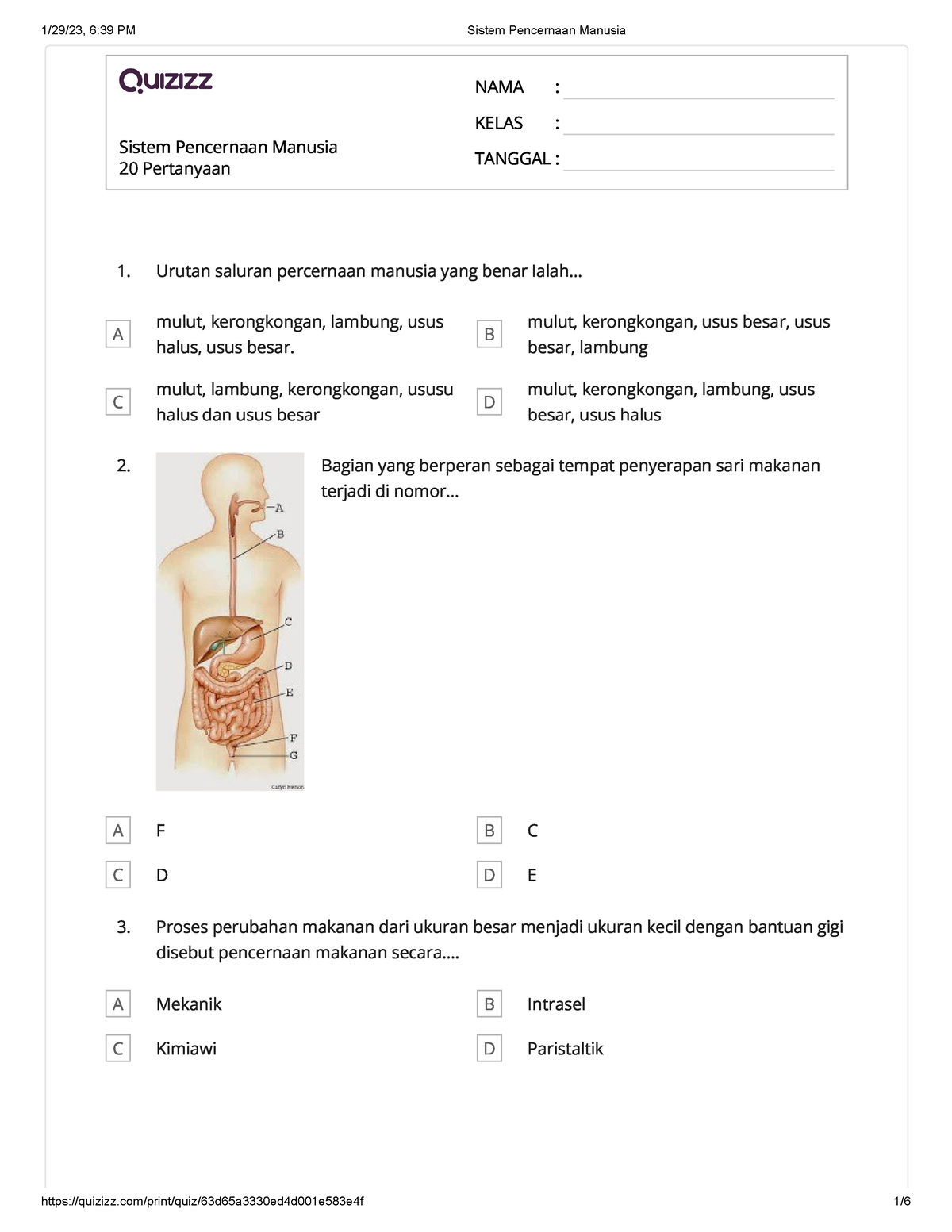 Latihan Soal Sistem Pencernaan Manusia Sistem Pencernaan Manusia 20