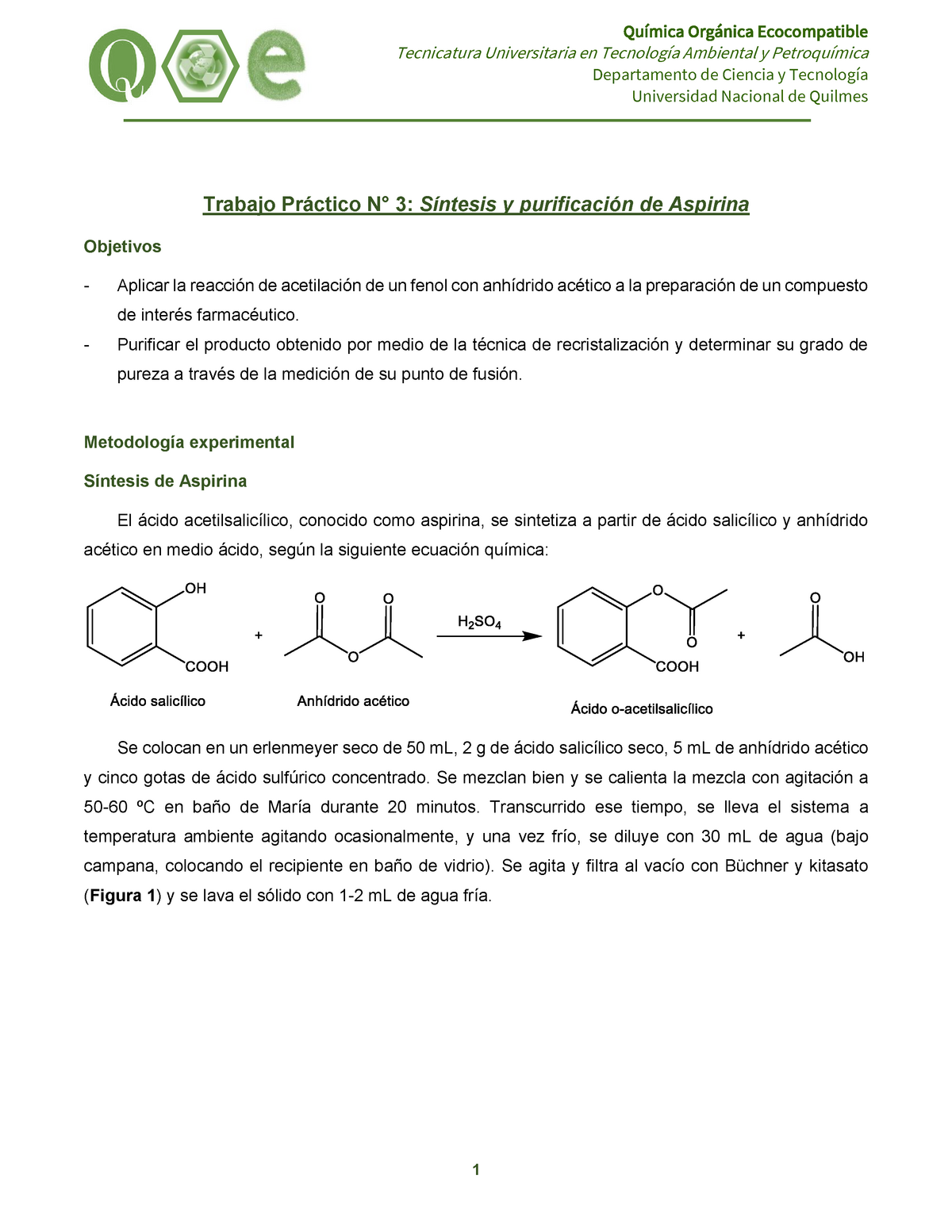 Tp3 Sintesis Y Purificacion De Aspirina Qoec Tutap Unq 2018 Química