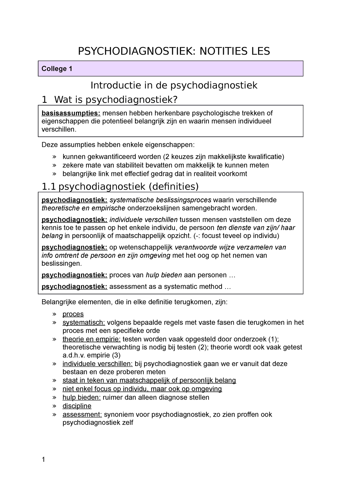 Psychodiagnostiek Collegeaantekeningen Les 1 Psychodiagnostiek