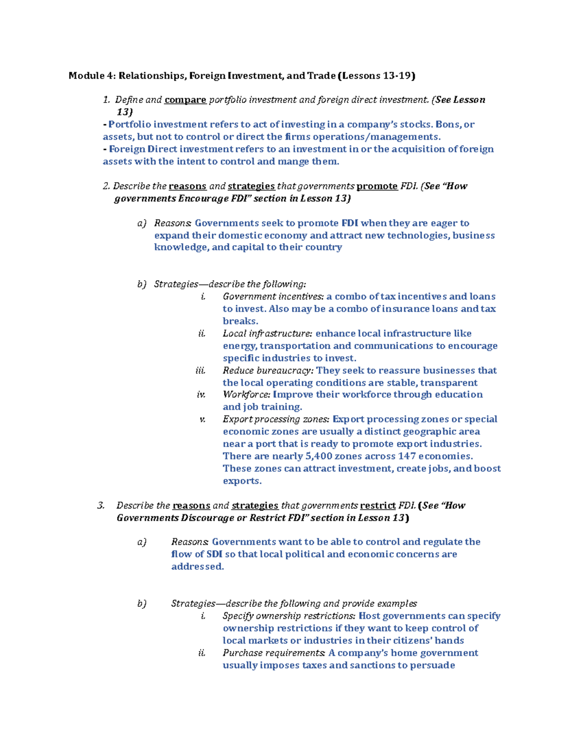 Module 4 Study Guide Module 4 Relationships Foreign Investment And