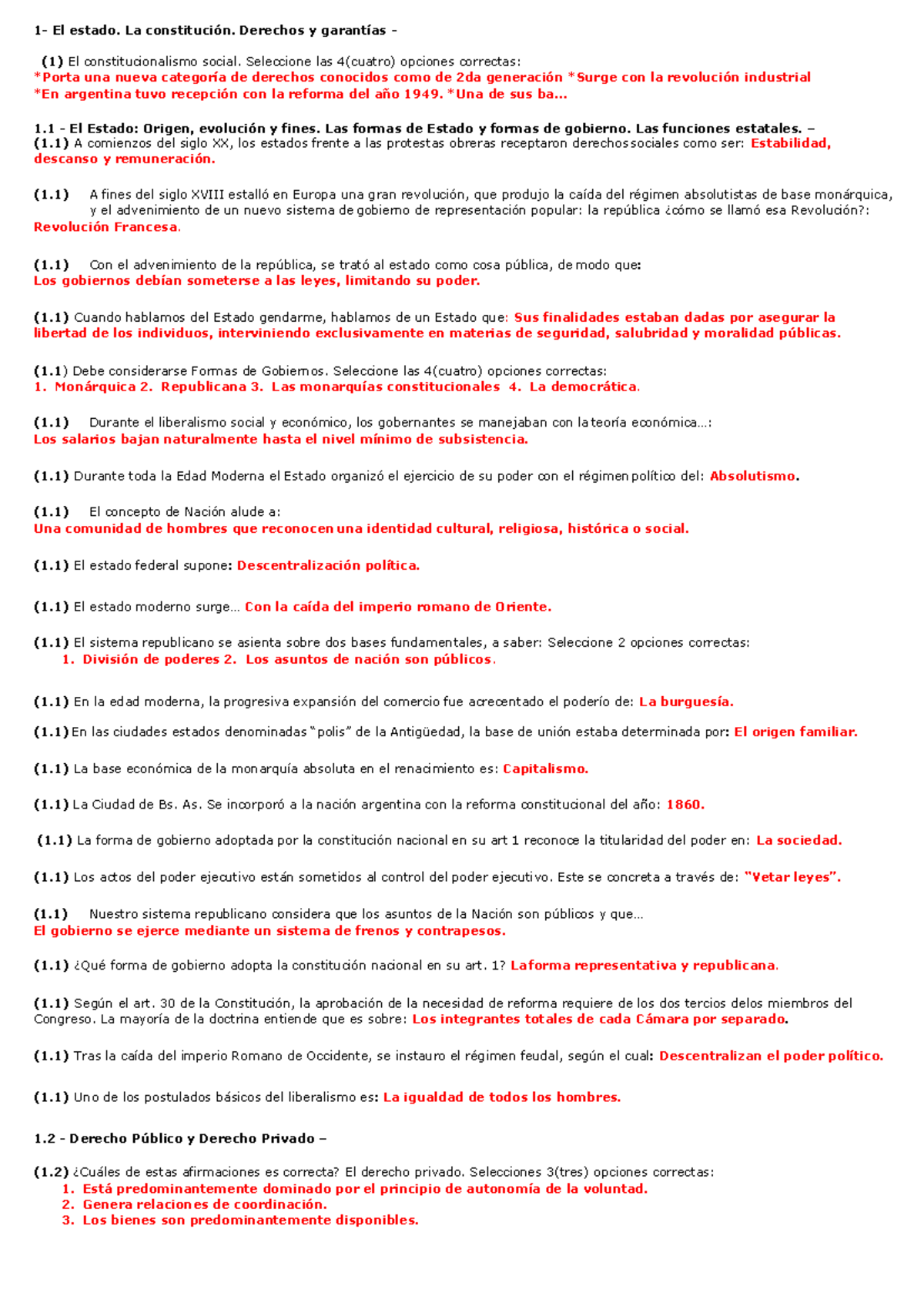 Preguntero Primer Parcial 1 El Estado La Constitución Derechos Y