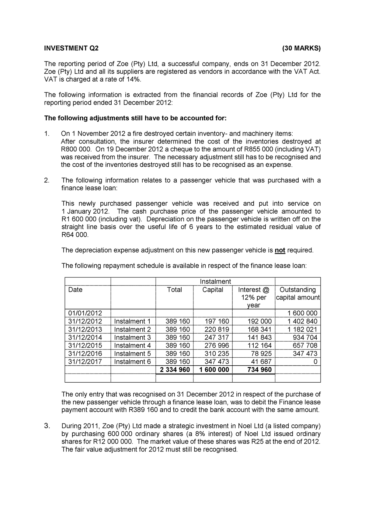 Investment Q2 Investment Q 2 30 Marks The Reporting Period Of Zoe