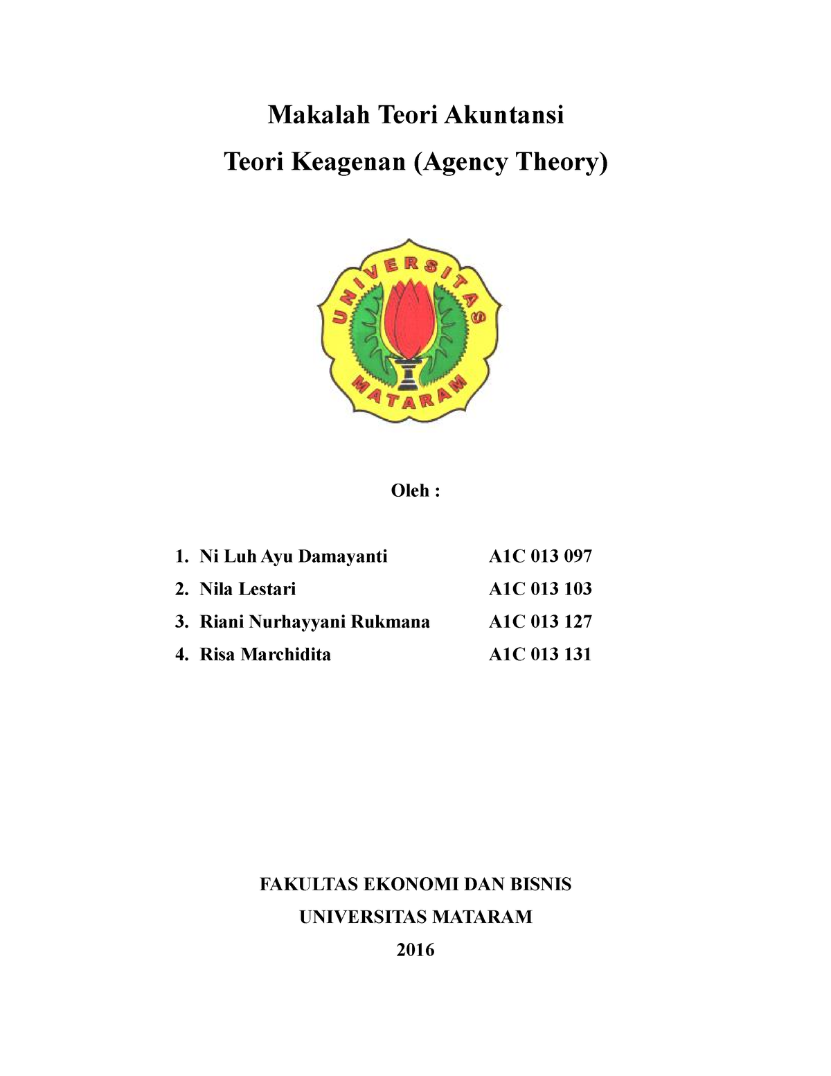 Teori Keagenan Akuntansi Makalah Teori Akuntansi Teori Keagenan