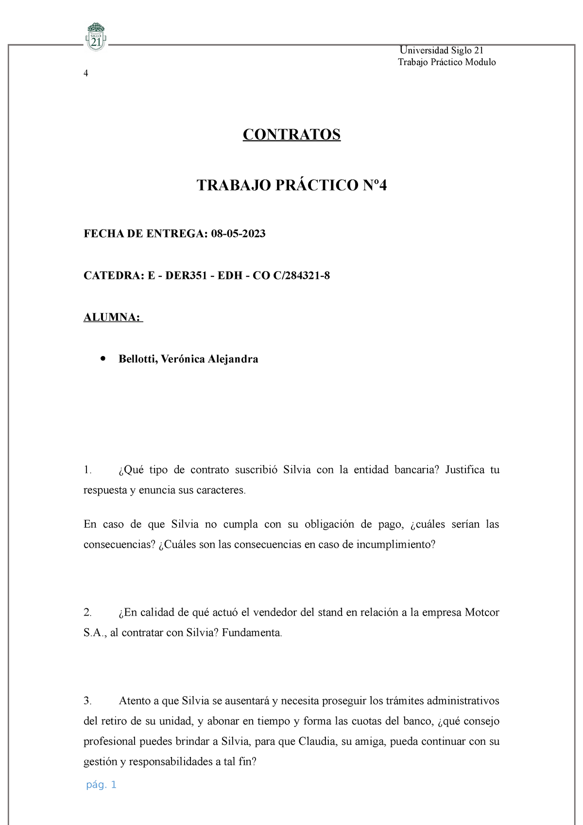 Contratos Tp4 100 Tp 4 Trabajo Práctico Modulo 4 Contratos Trabajo