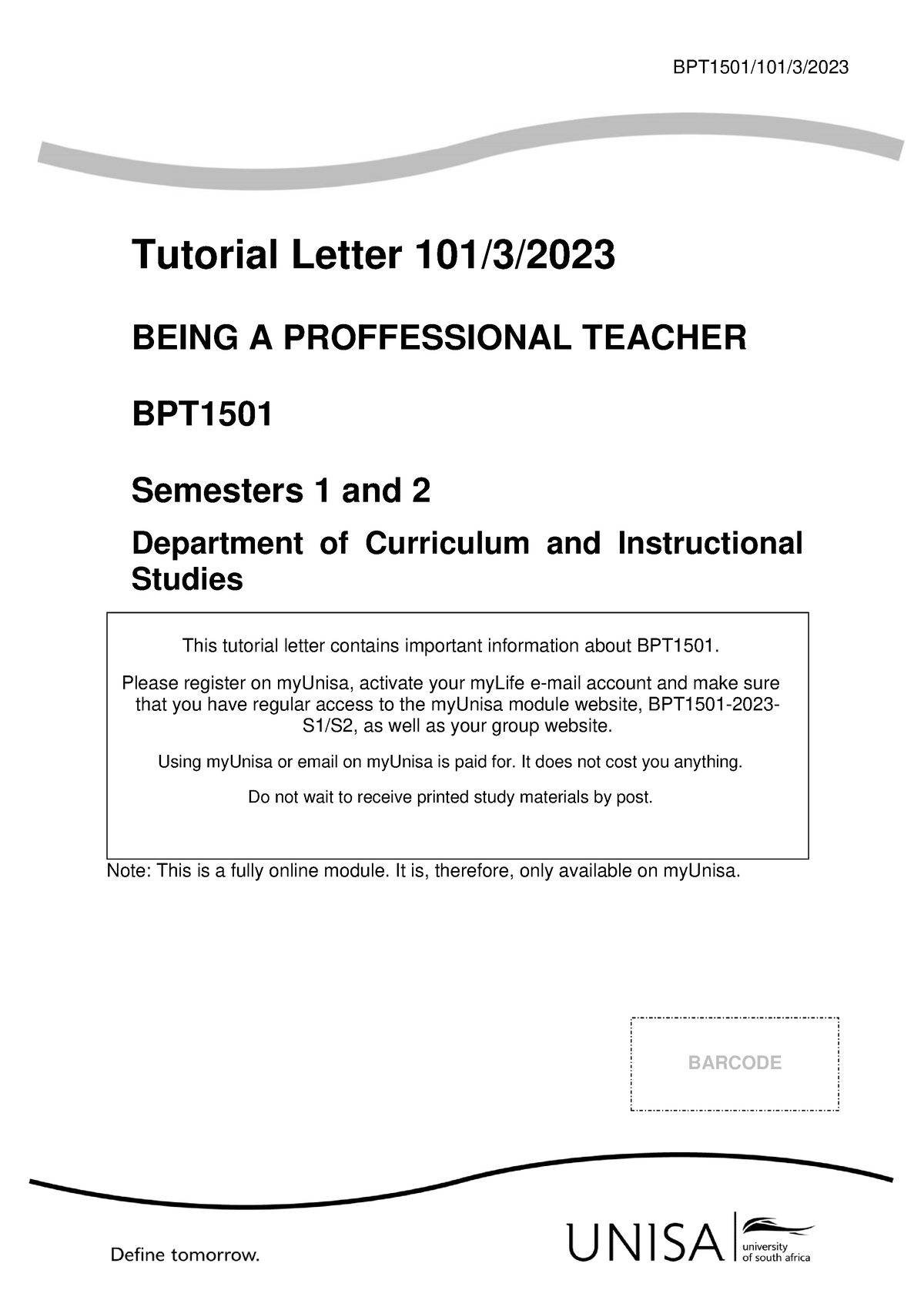 101 2023 3 B Tutorial Bpt15011013 Tutorial Letter 1013 Being A