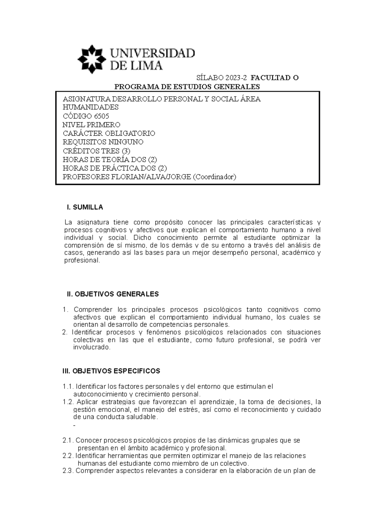 Desarrollo Personal Y Social Sílabo 2023 2 SÍlabo 2023 2 Facultad O