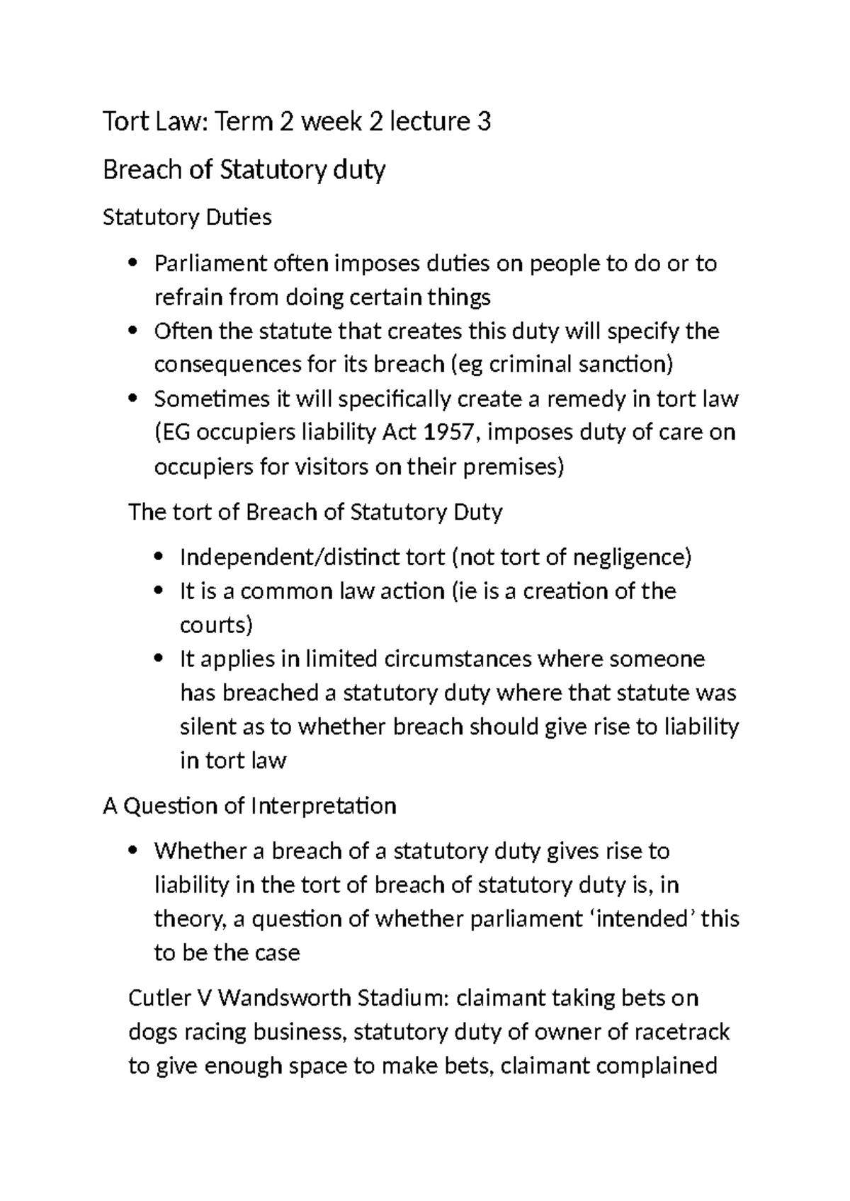 Tort Law Breach Of Statutory Duty Tort Law Term 2 Week 2 Lecture 3