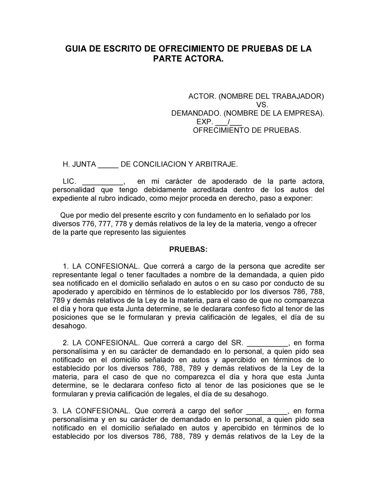 Guia De Escrito De Ofrecimiento De Pruebas De La Parte Actora Guia De