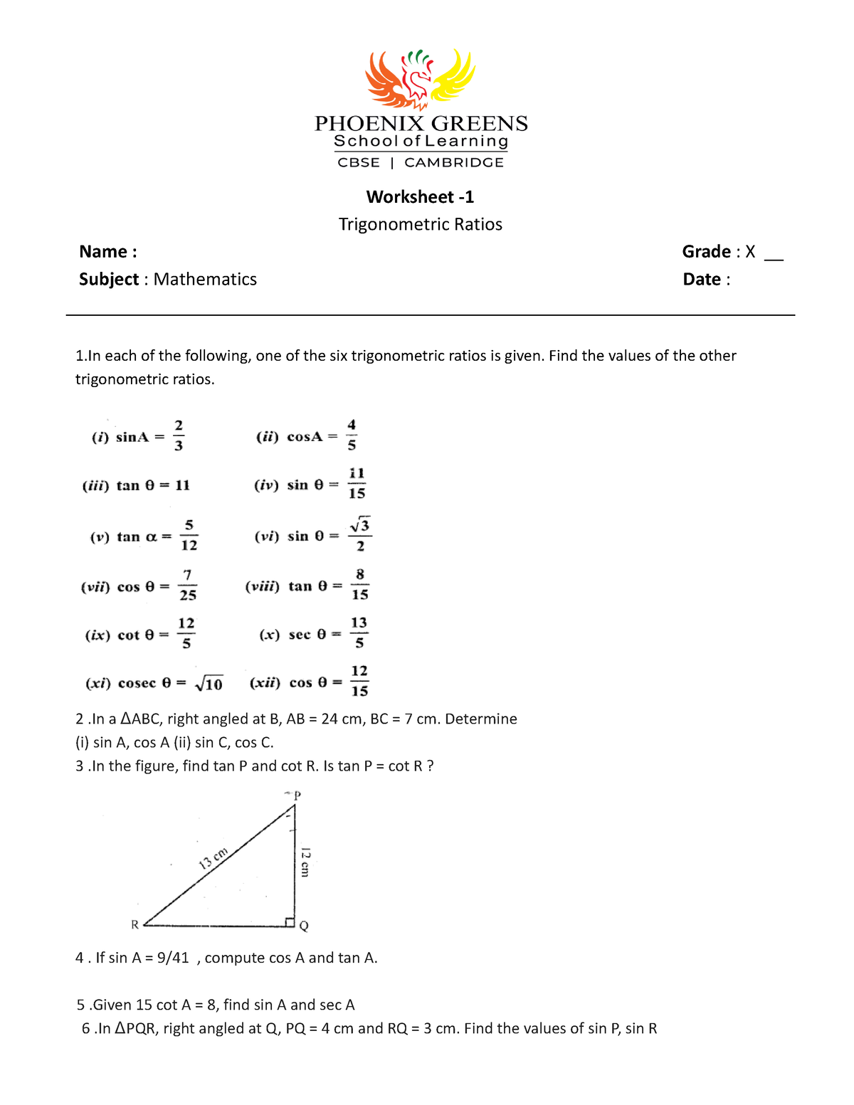 Trigonometric Ratios Worksheet 1 Final Worksheet Trigonometric