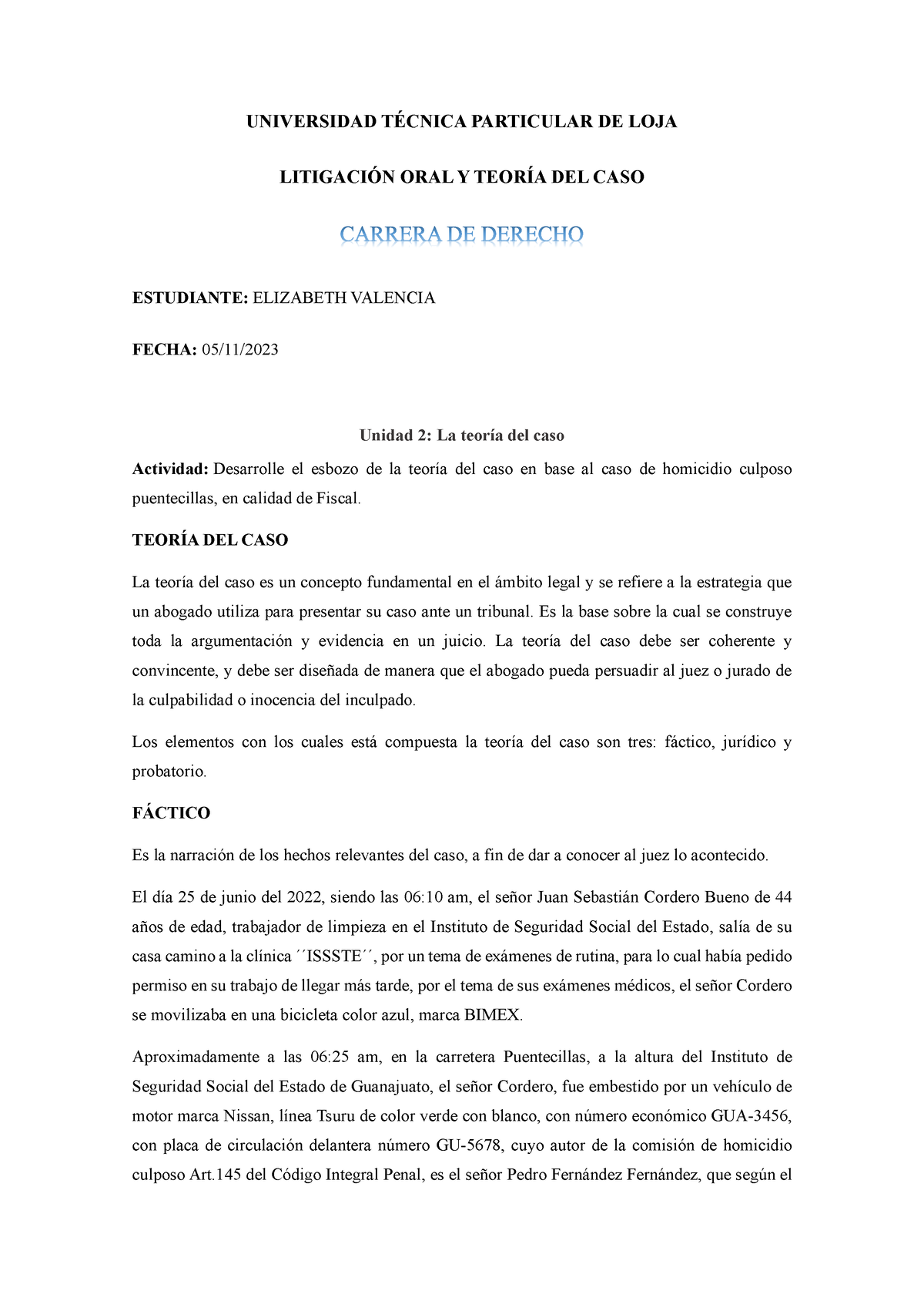 Teoría Del Caso Homicidio Culposo Universidad TÉcnica Particular De