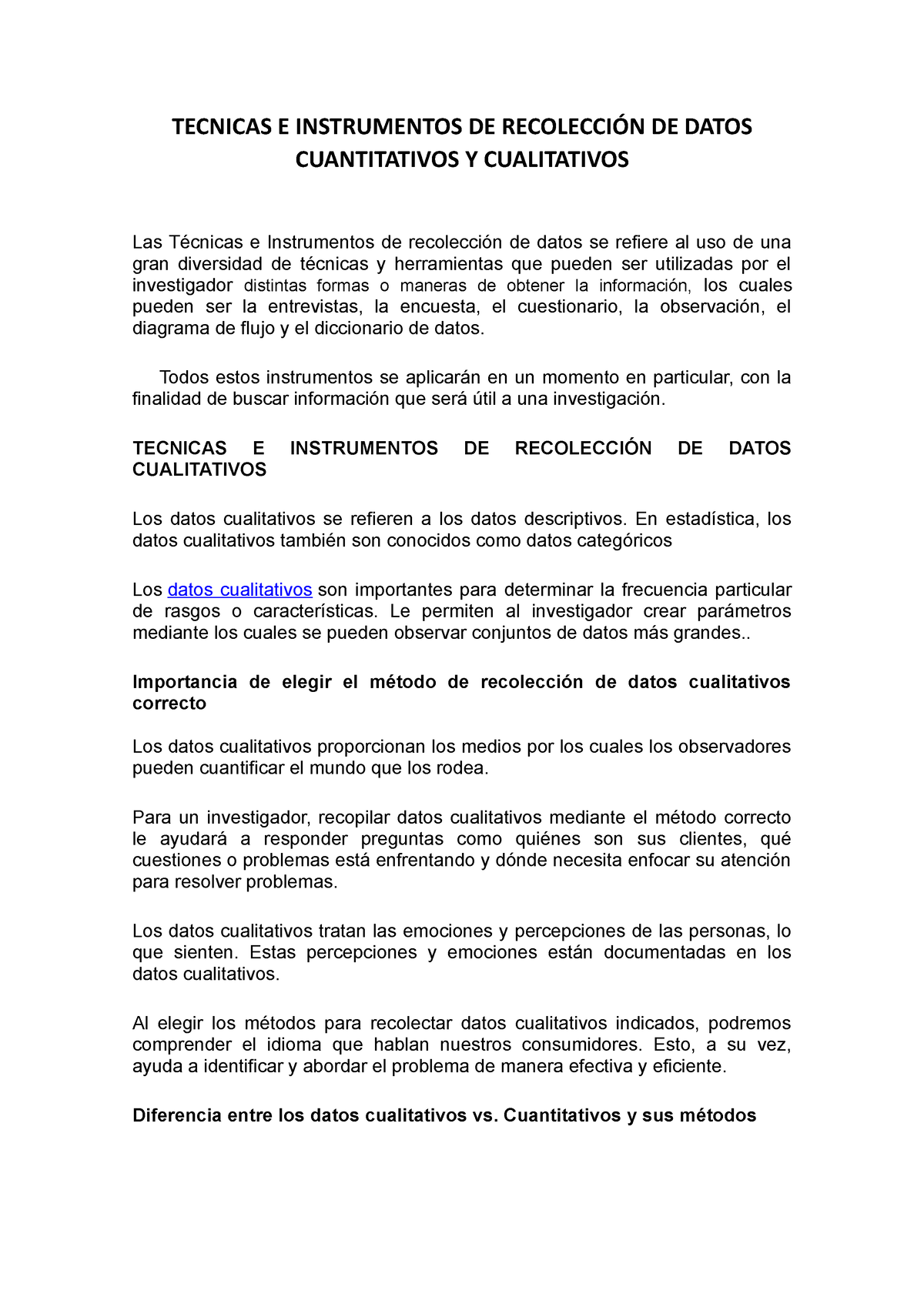 Tecnicas E Instrumentos De Recolección De Datos Cuantitativos Y