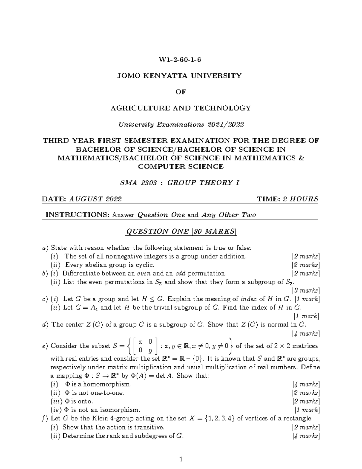 Sma 2303 Group Theory I Aug 2022 W1 2 60 1 Jomo Kenyatta