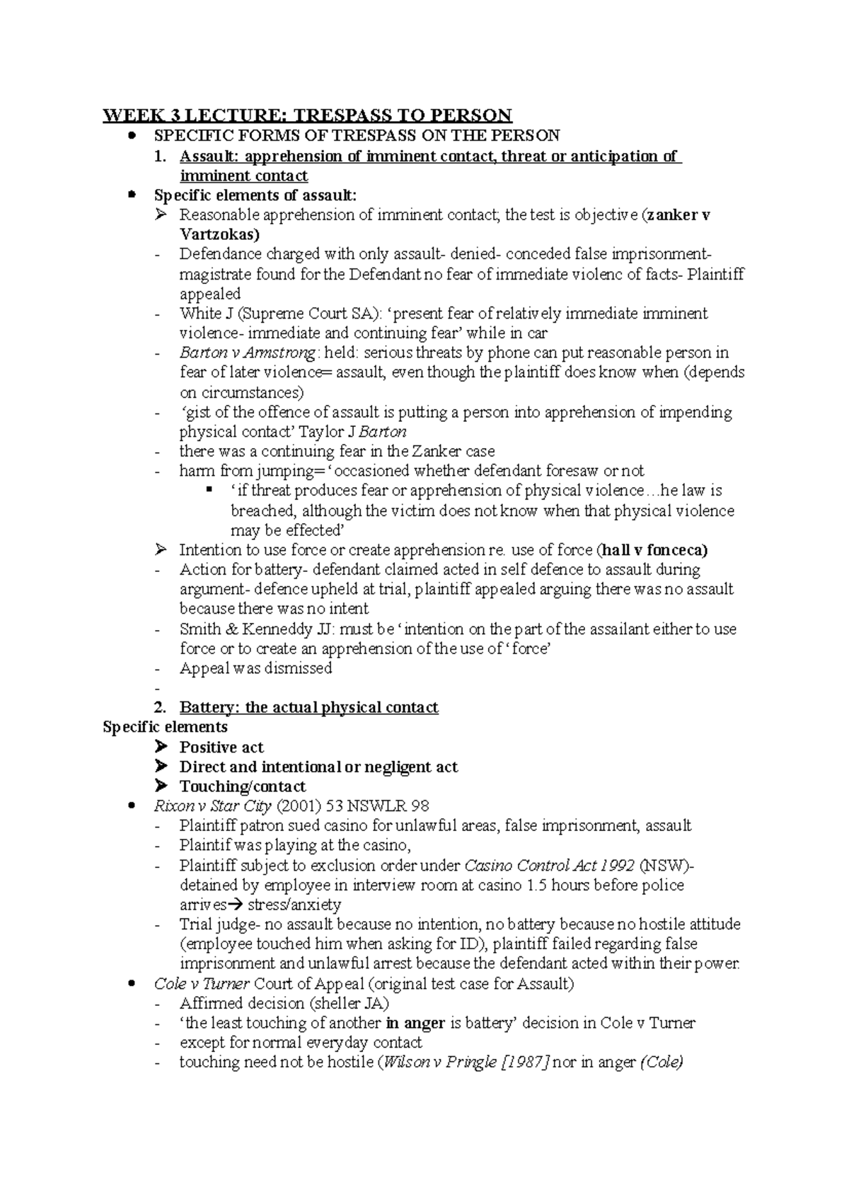 Tort Law Lecture Notes Trespass To The Person Elements Of Assault