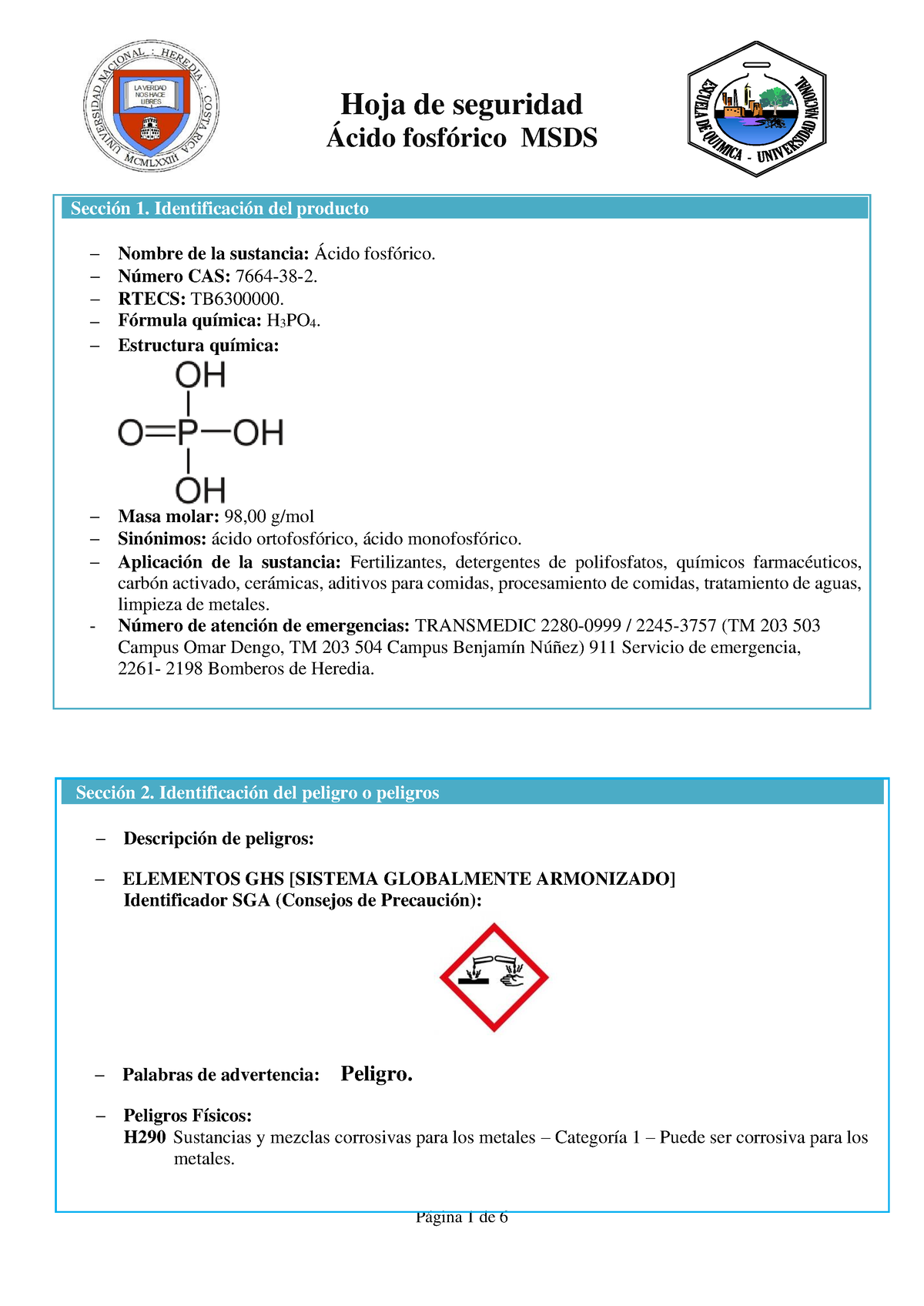 Ácido Fosfóricoeq1 Msds Hoja De Seguridad Hoja De Seguridad Ácido