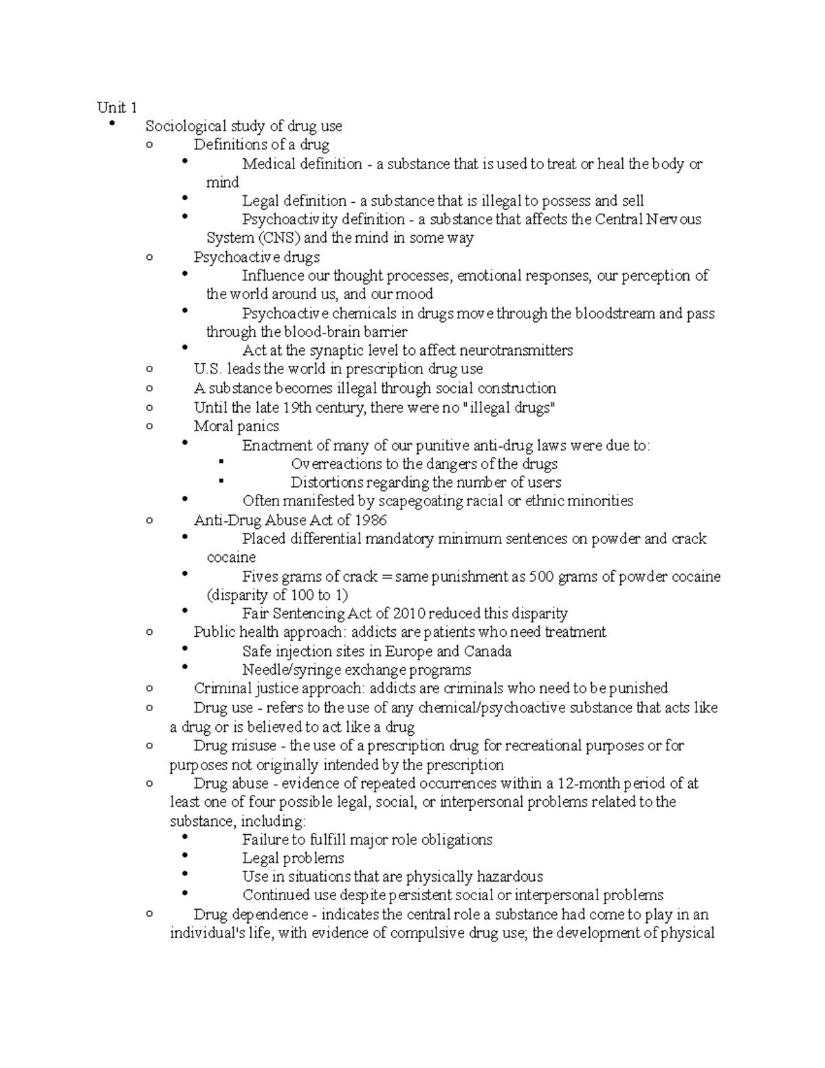 Unit 1 Lecture Notes Unit 1 Unit 1 Sociological Study Of Drug Use O