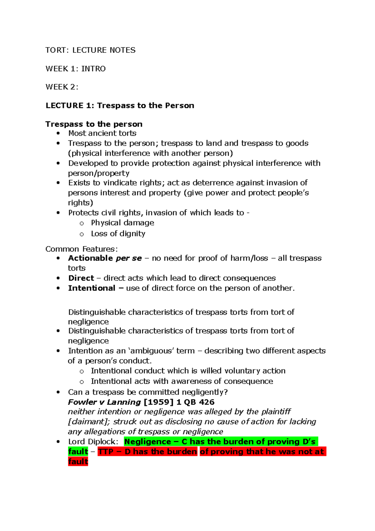 Notes Tort Lecture Notes Week 1 Intro Week 2 Lecture 1 Trespass