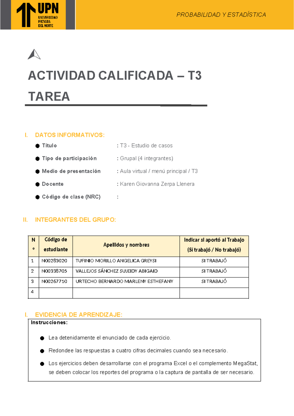 T3 Grupo N° 3 T3 Matemáticas Actividad Calificada T Tarea I