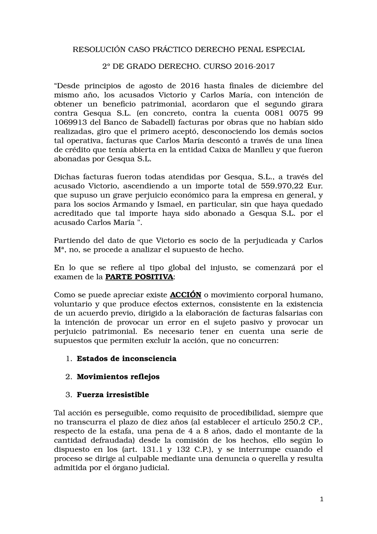 Resolución Del Caso Práctico D Caso Derecho Penal Especial De Grado