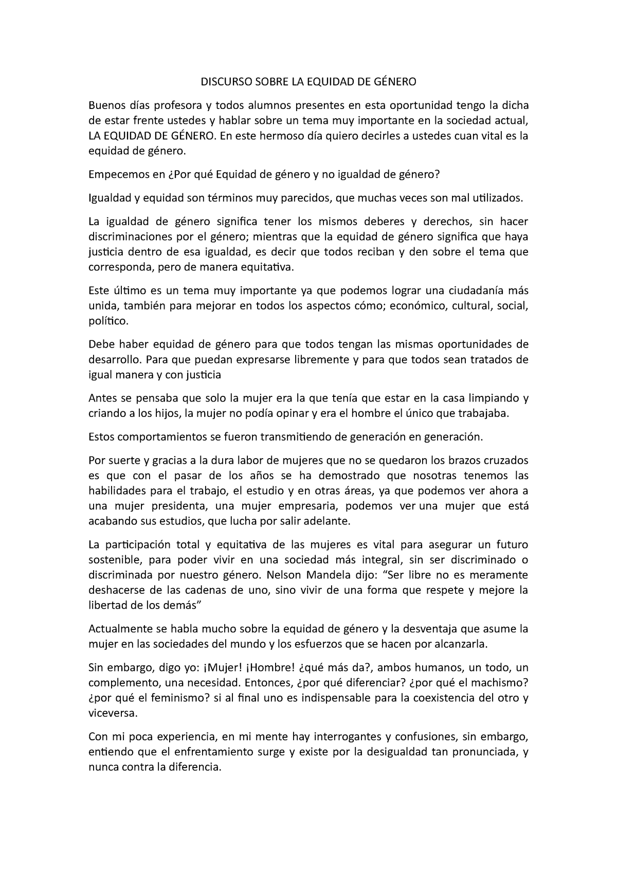 Discurso Sobre La Equidad De Género Discurso Sobre La Equidad De