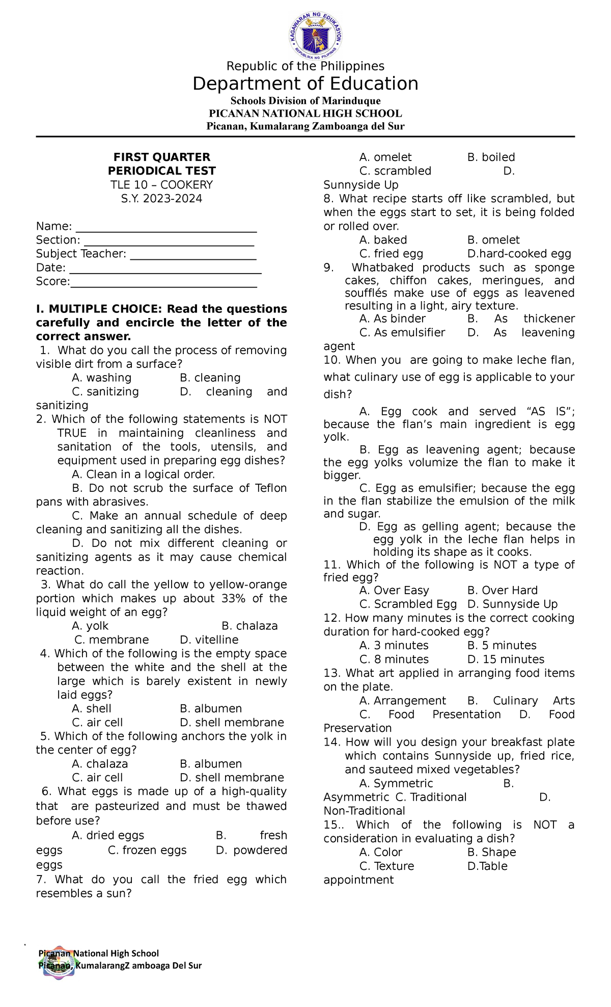 Periodical Test Quarter 1 Republic Of The Philippines Department Of