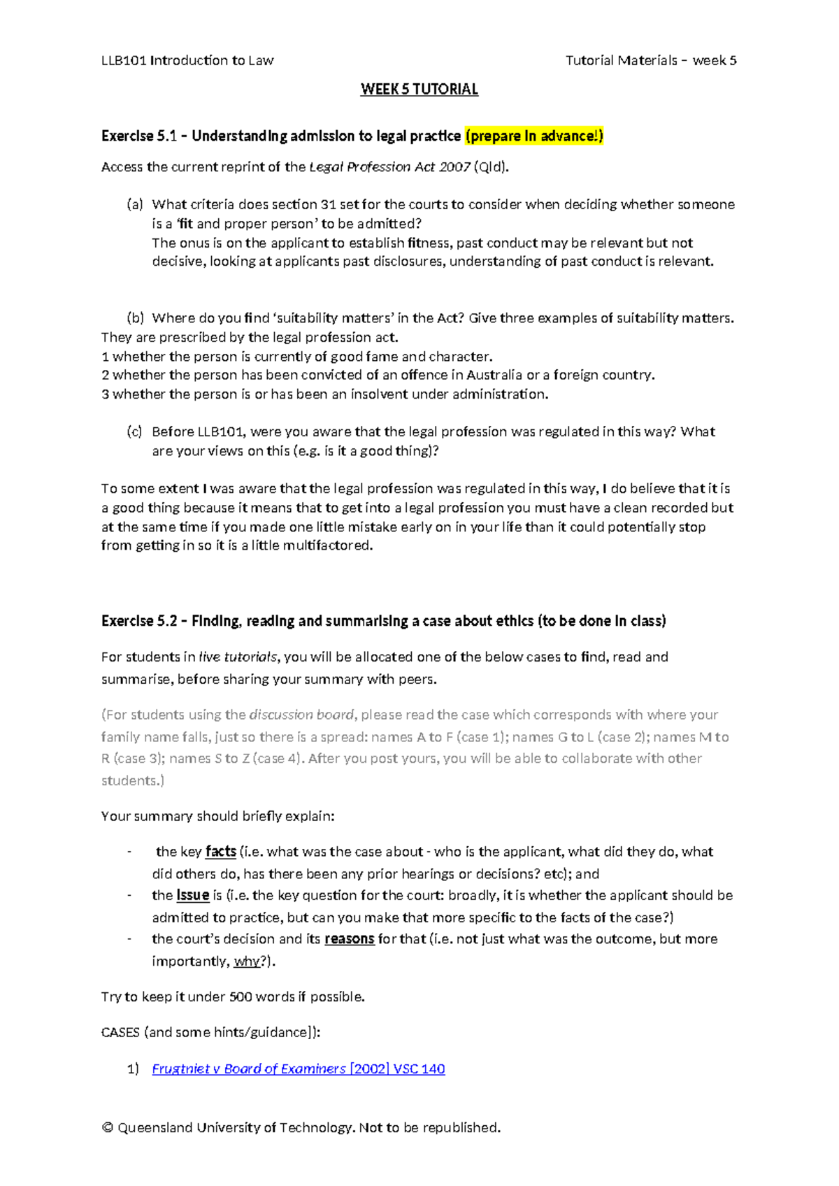 Week 5 Tutorial Activities Llb101 Introduction To Law Tutorial