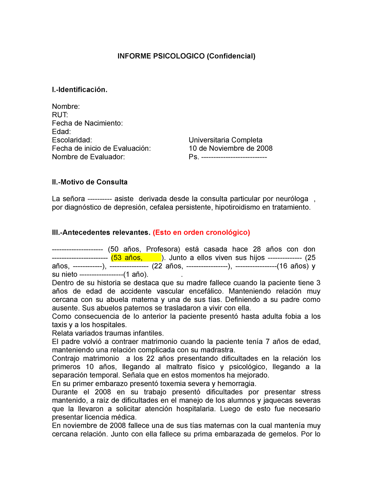 Informe Adulto Formato Informe Psicologico Confidencial I