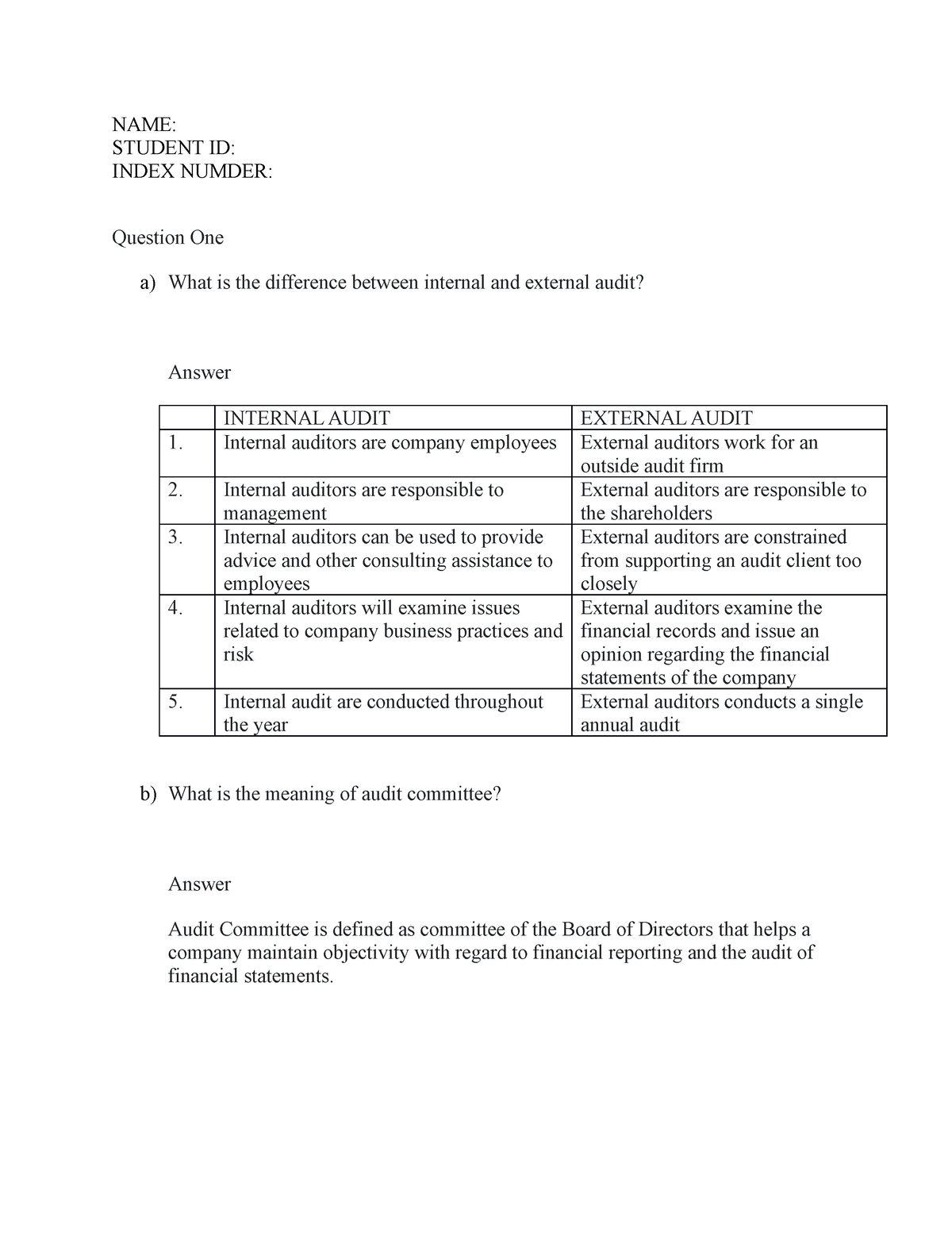 Auditing Assignment Two Solutions Name Student Id Index Numder