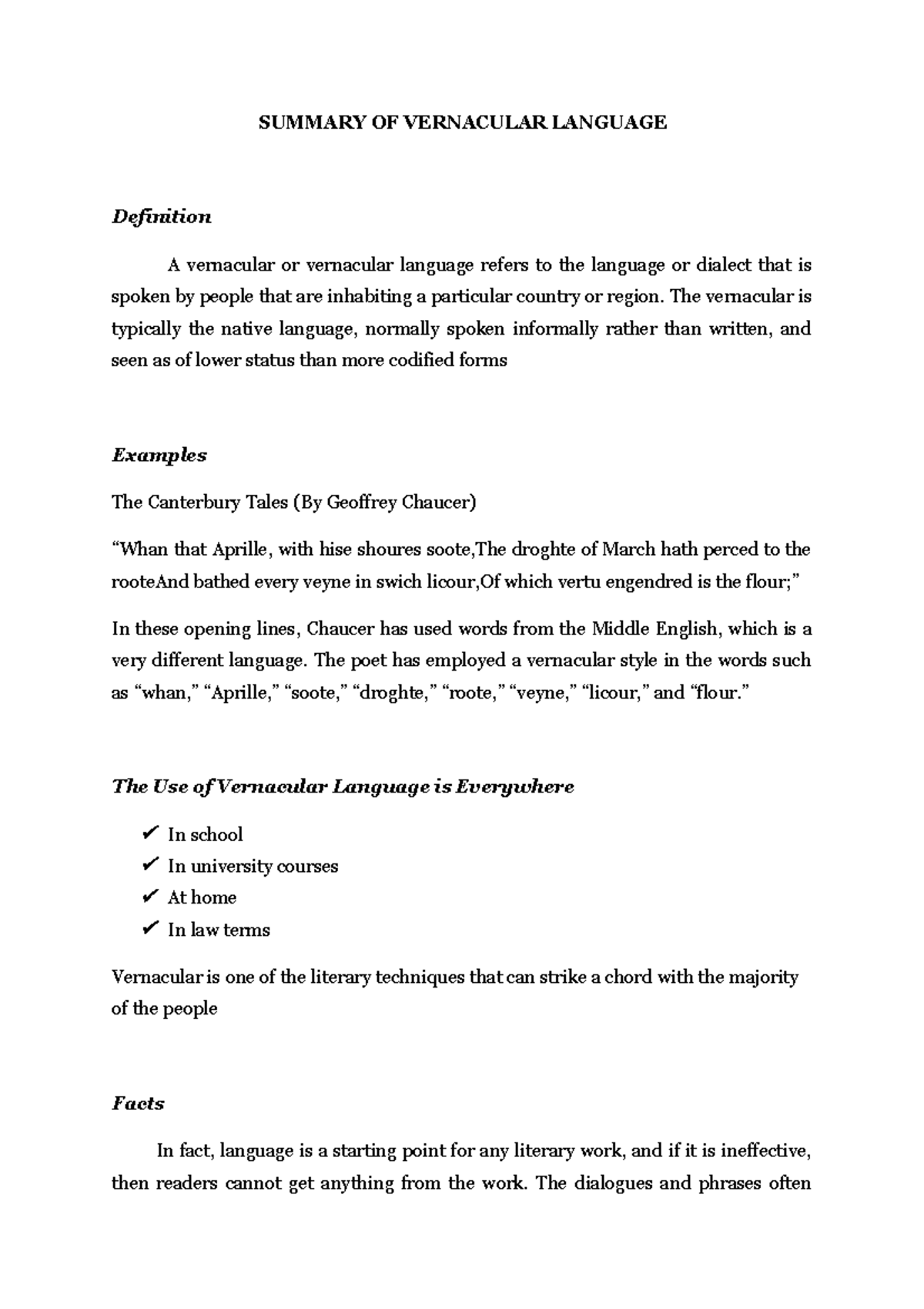 Summary Of Vernacular Language Summary Of Vernacular Language